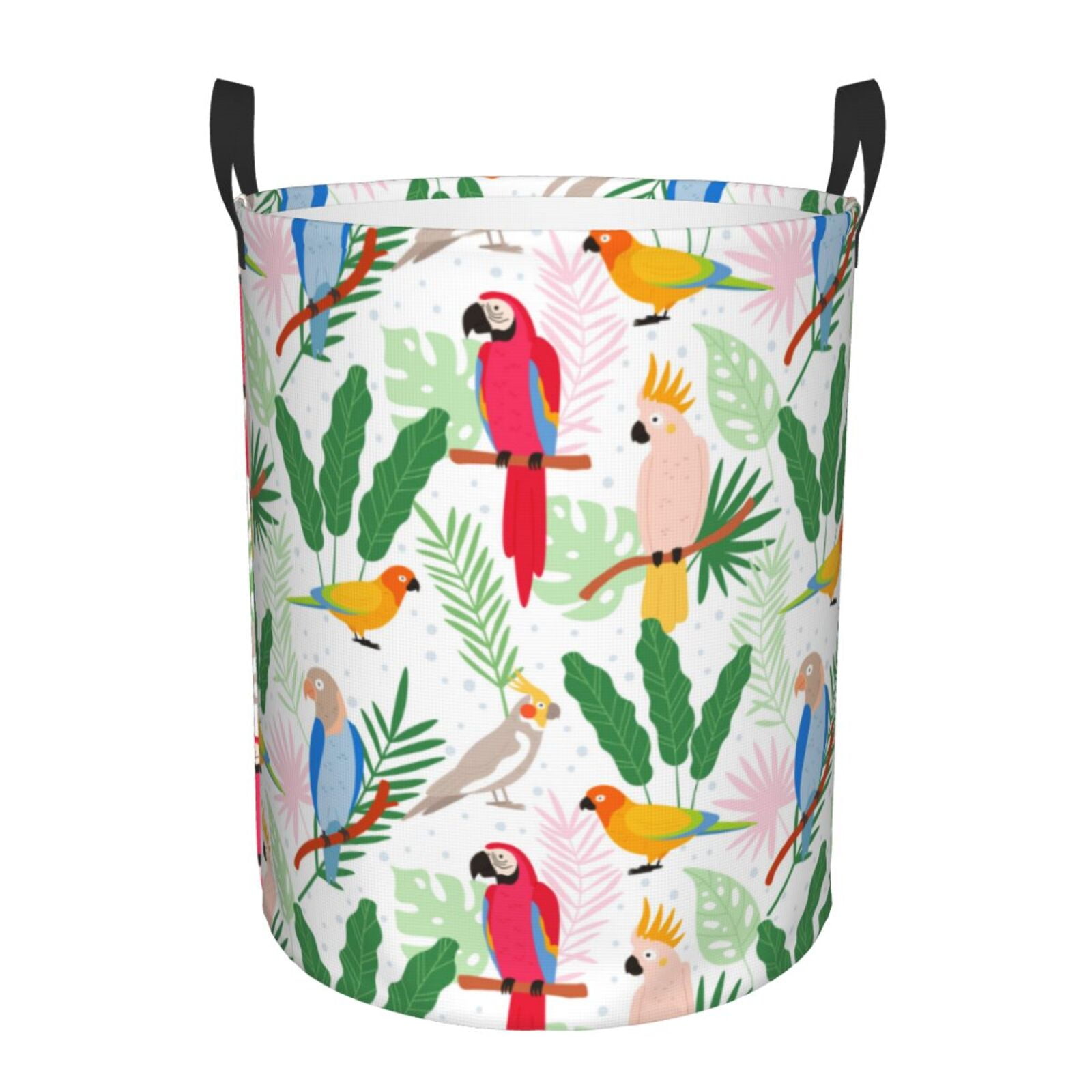 Cartoon Colorful Cute Parrot Plant Round Laundry Basket, Laundry Hamper ...