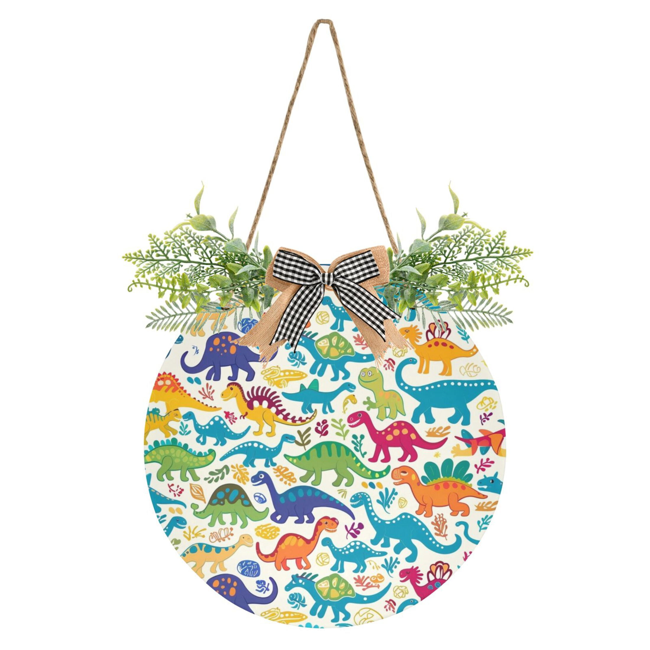 Cartoon Colorful Dinosaurs Welcome Front Door Sign Round 12 inch Porch ...