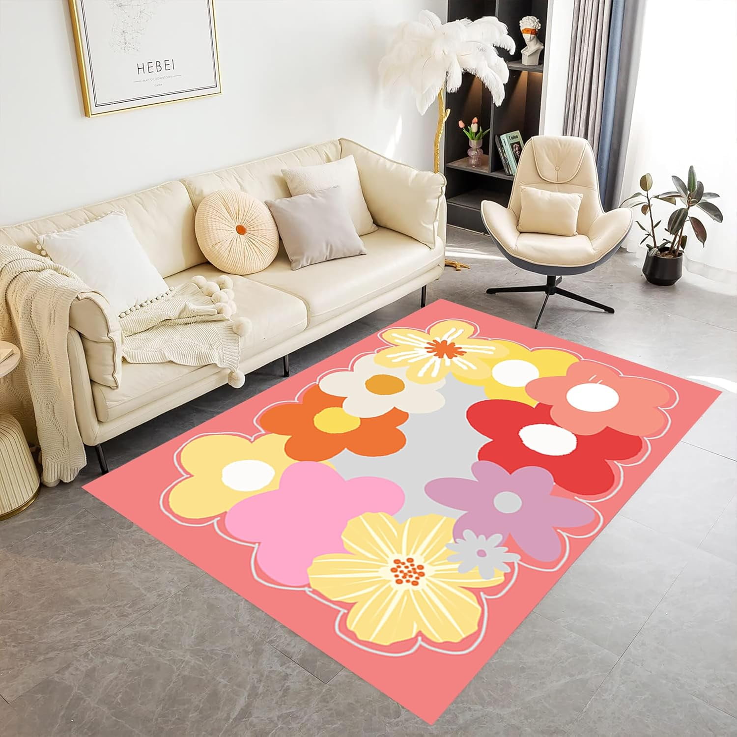Cartoon Colorful Floral Rug, Abstract Hand Drawn Cute Cartoon Pink ...