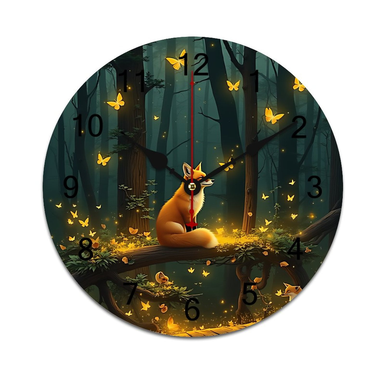 Cartoon Colorful Fox Printed Silent Wall Clock Round Kitchen Clock Chic ...