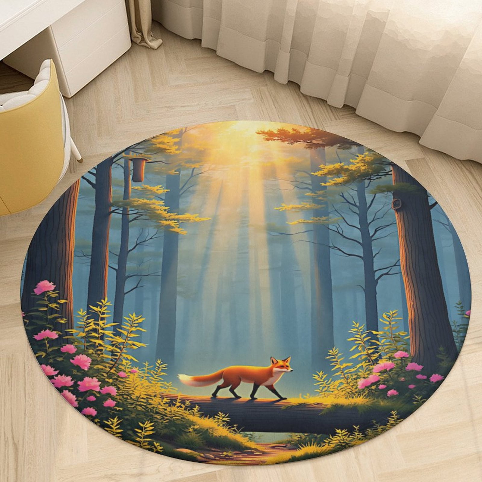 Cartoon Colorful Fox Round Area Rugs for Bedroom Living Room, 5FT Soft ...