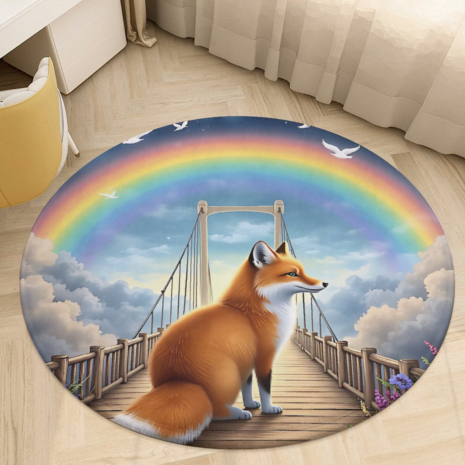Cartoon Colorful Fox Round Area Rugs for Bedroom Living Room, 6FT Soft Indoor Circle Carpets ...