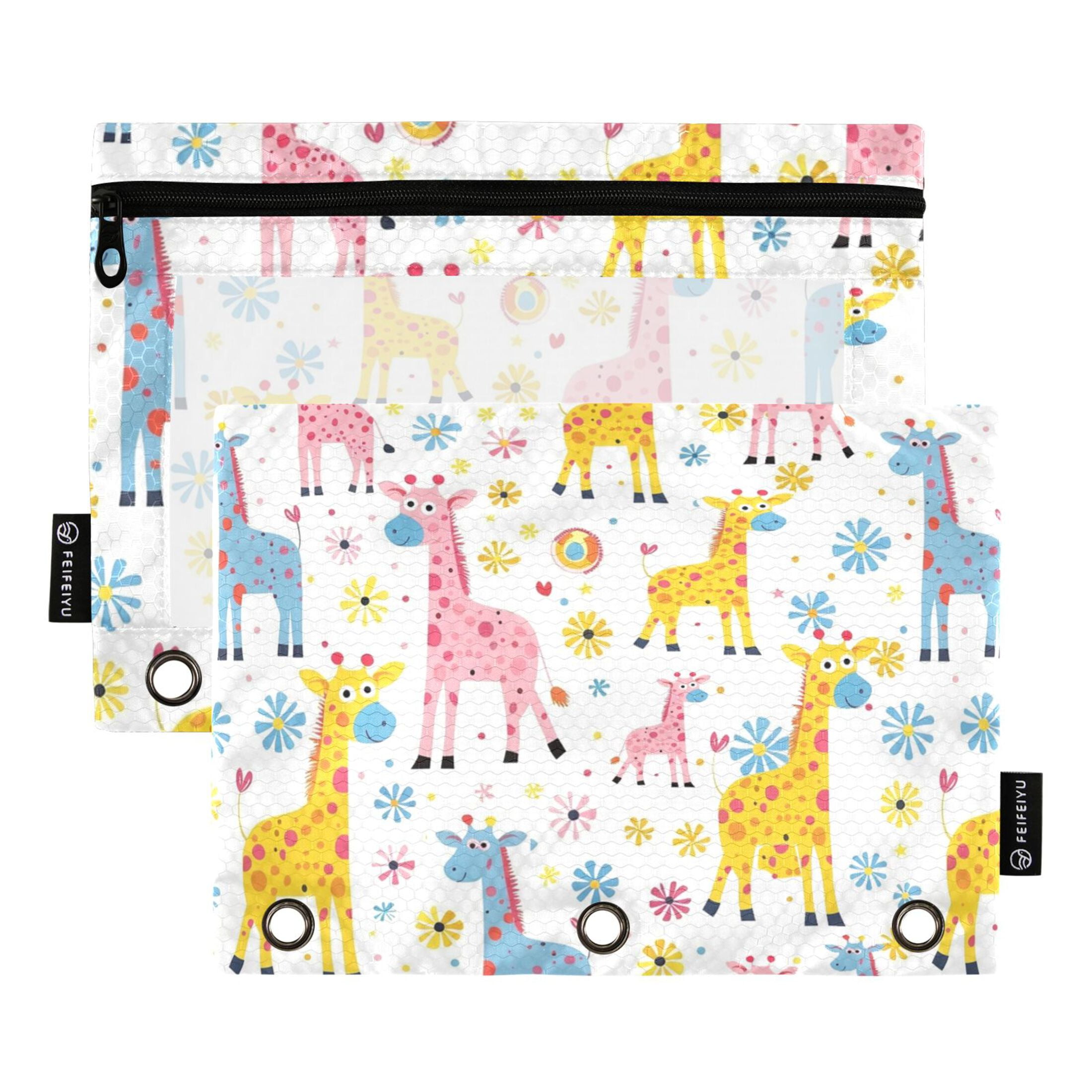 Cartoon Colorful Giraffes and Flowers 2 Pack Pencil Pouch for 3 Ring ...