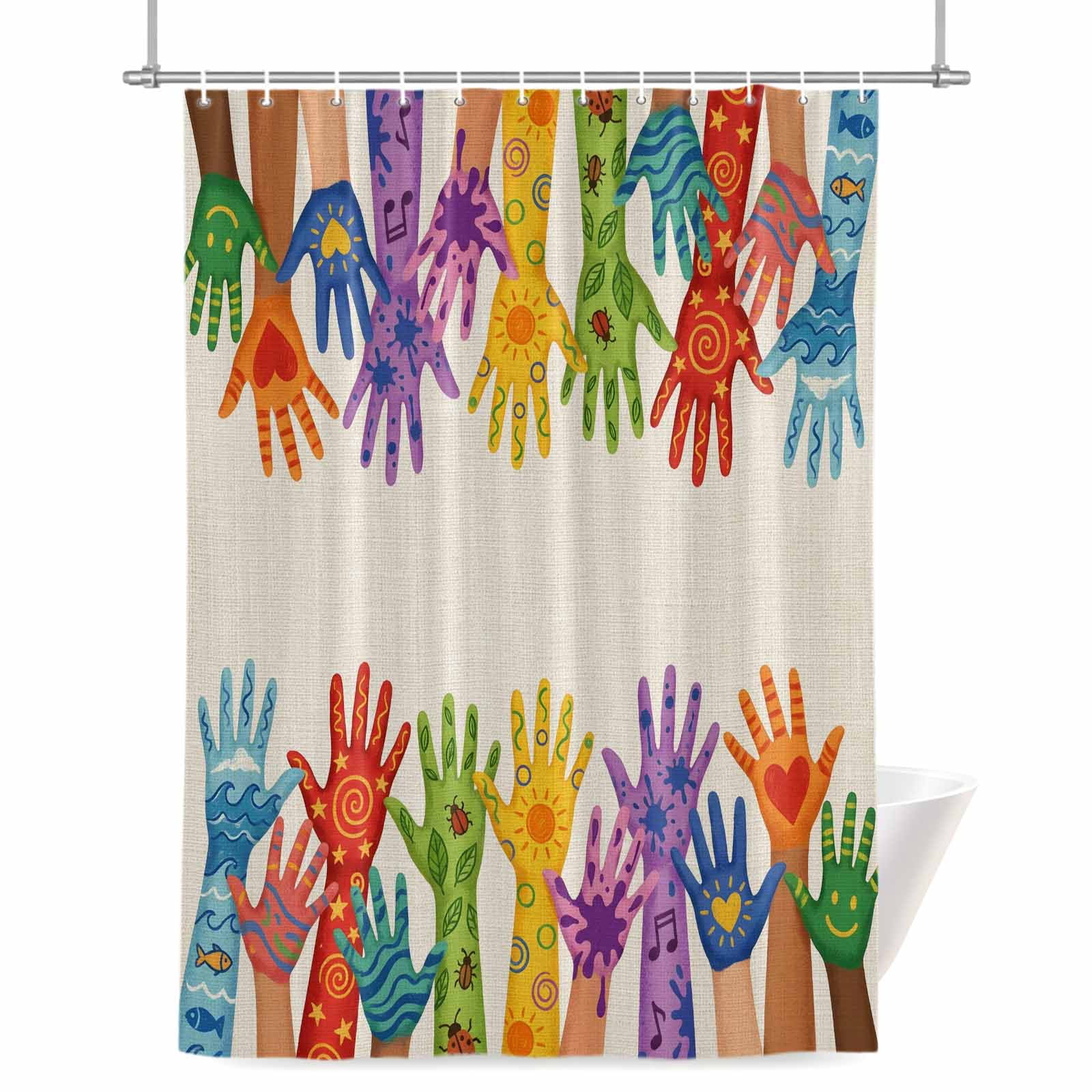 Cartoon Colorful Hands Shower Curtain, Cute Watercolor Hands with Love ...