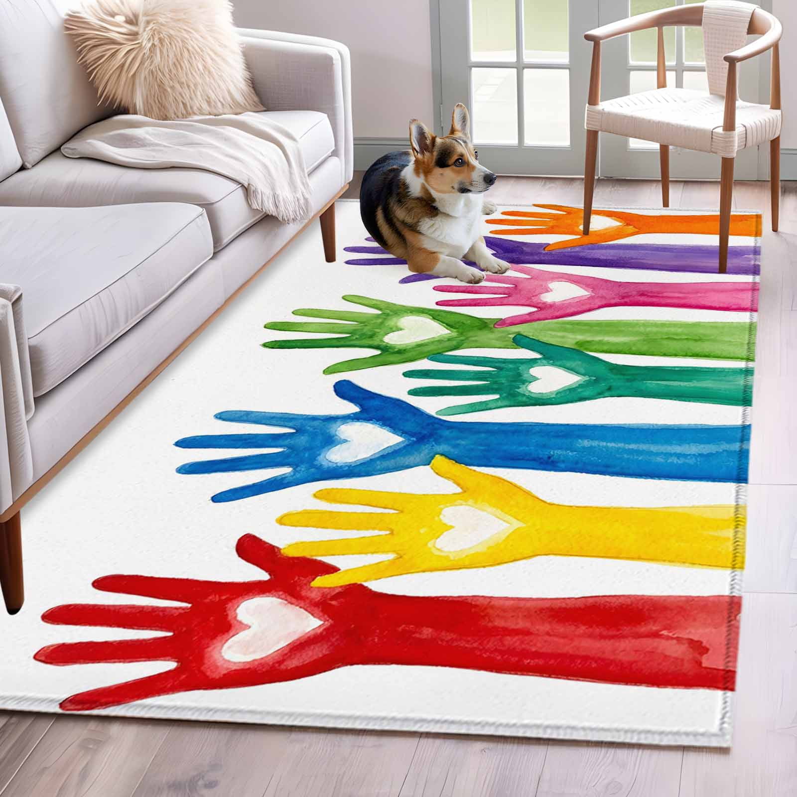 Cartoon Colorful Hands Washable Area Rug 3x5 Cute Watercolor Hands with ...