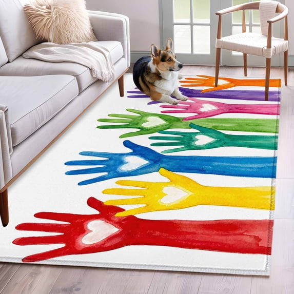 Cartoon Colorful Hands Washable Area Rug 4x6 Cute Watercolor Hands with ...