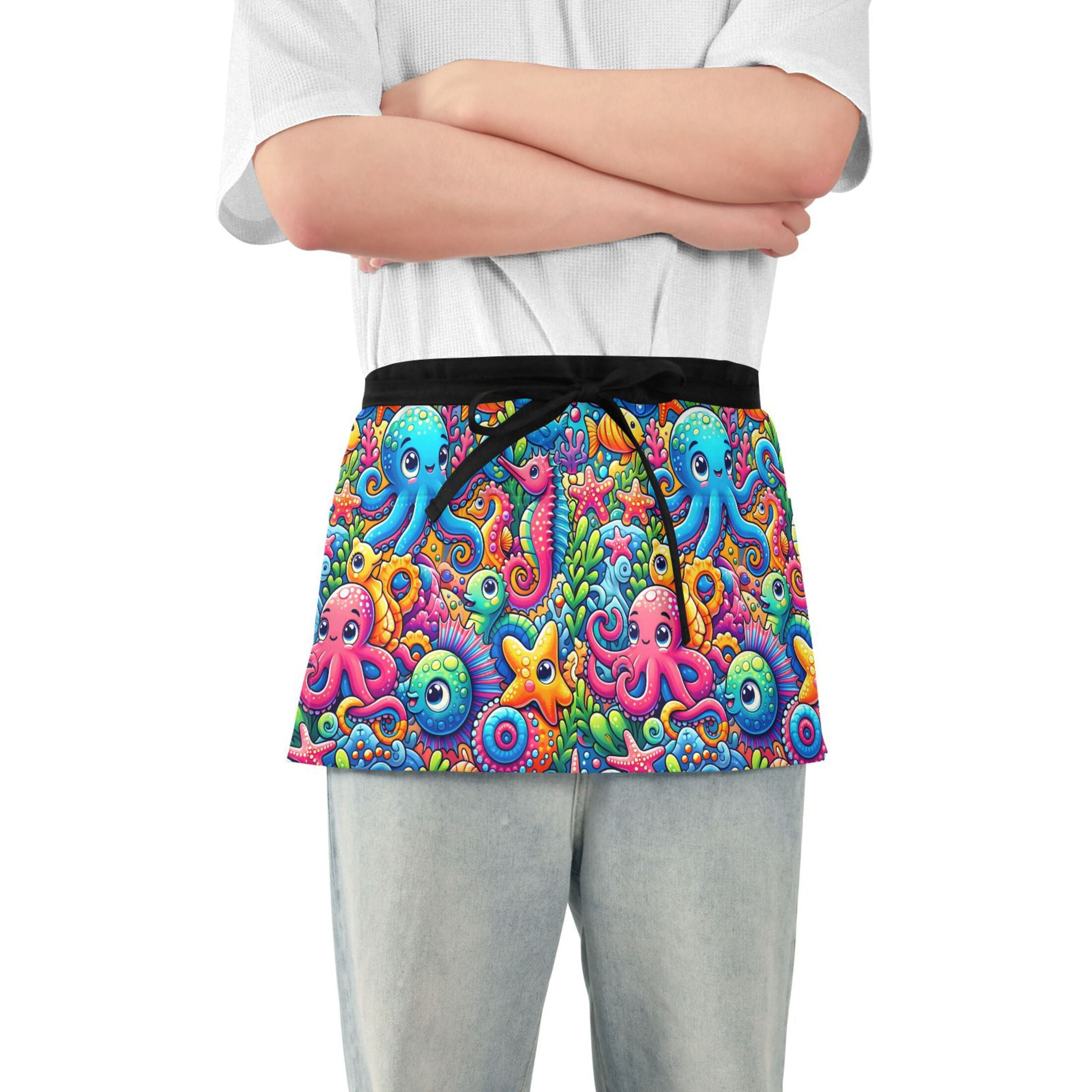 Cartoon Colorful Sea Animals Server Apron with 3 Pockets Waterproof ...