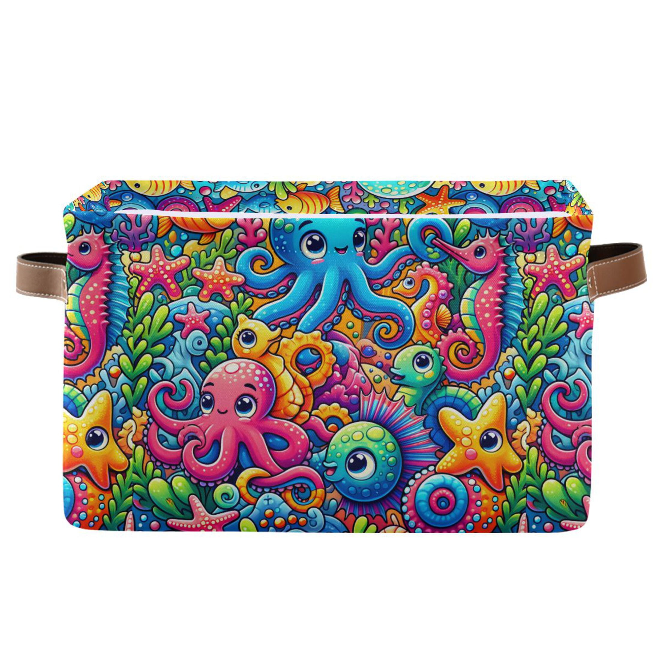 Cartoon Colorful Sea Animals Storage Bins with Handle Fabric Organizer ...