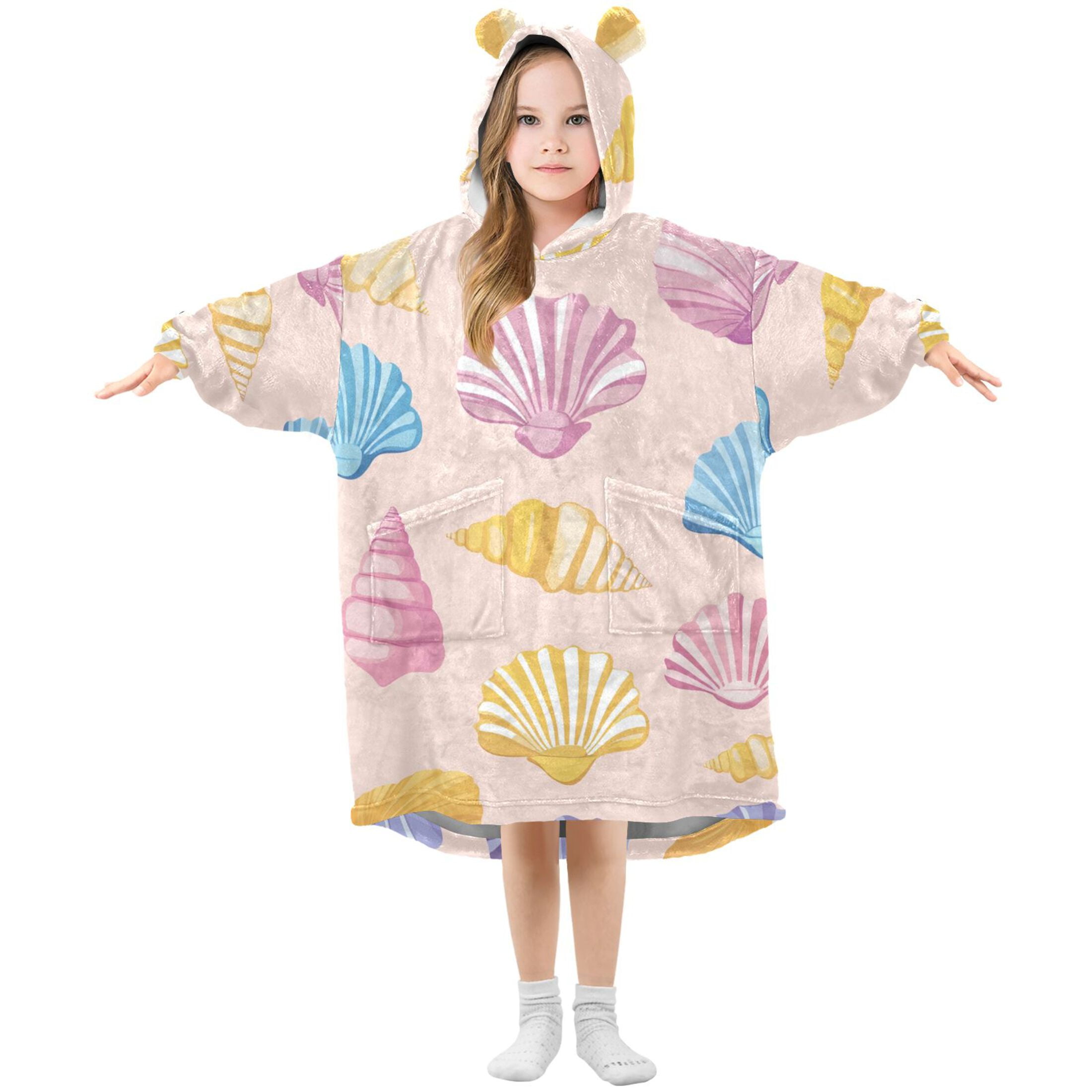 Cartoon Colorful Seashells Flannel Wearable Blankets Hooded Design Long ...