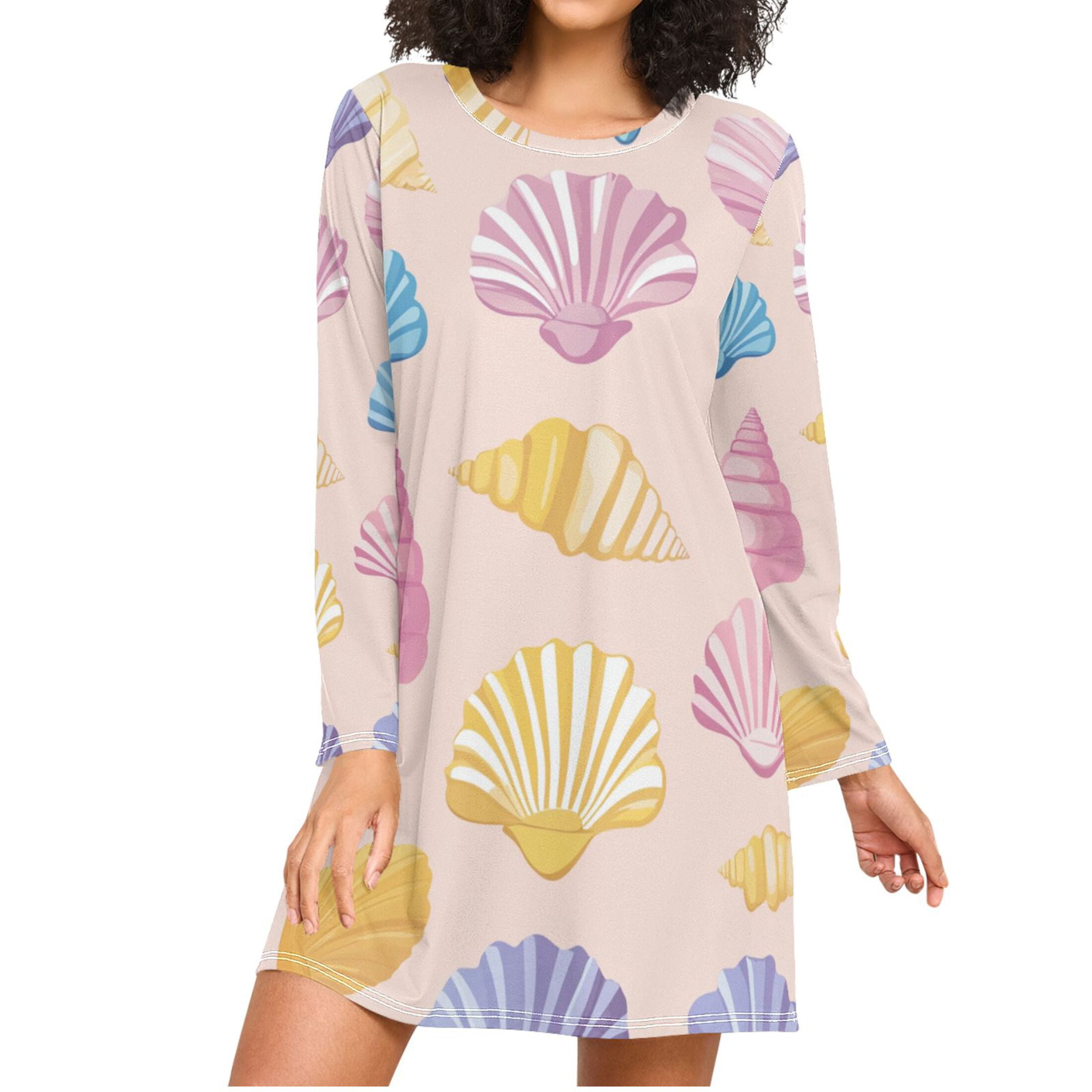 Cartoon Colorful Seashells Women's Long Sleeves Nightgowns Sleepwear ...