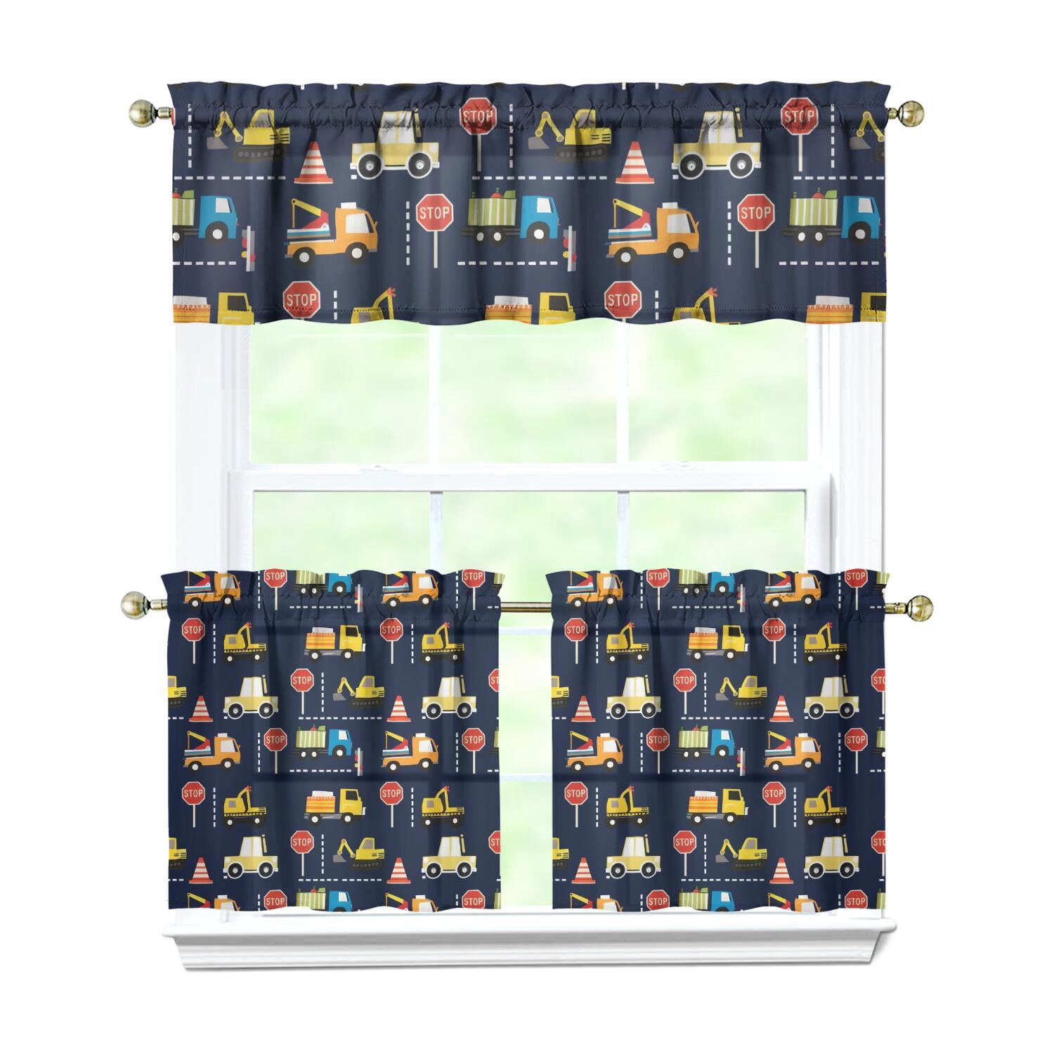 Cartoon Construction Kitchen Curtains Set - Fire Truck, Tractor ...