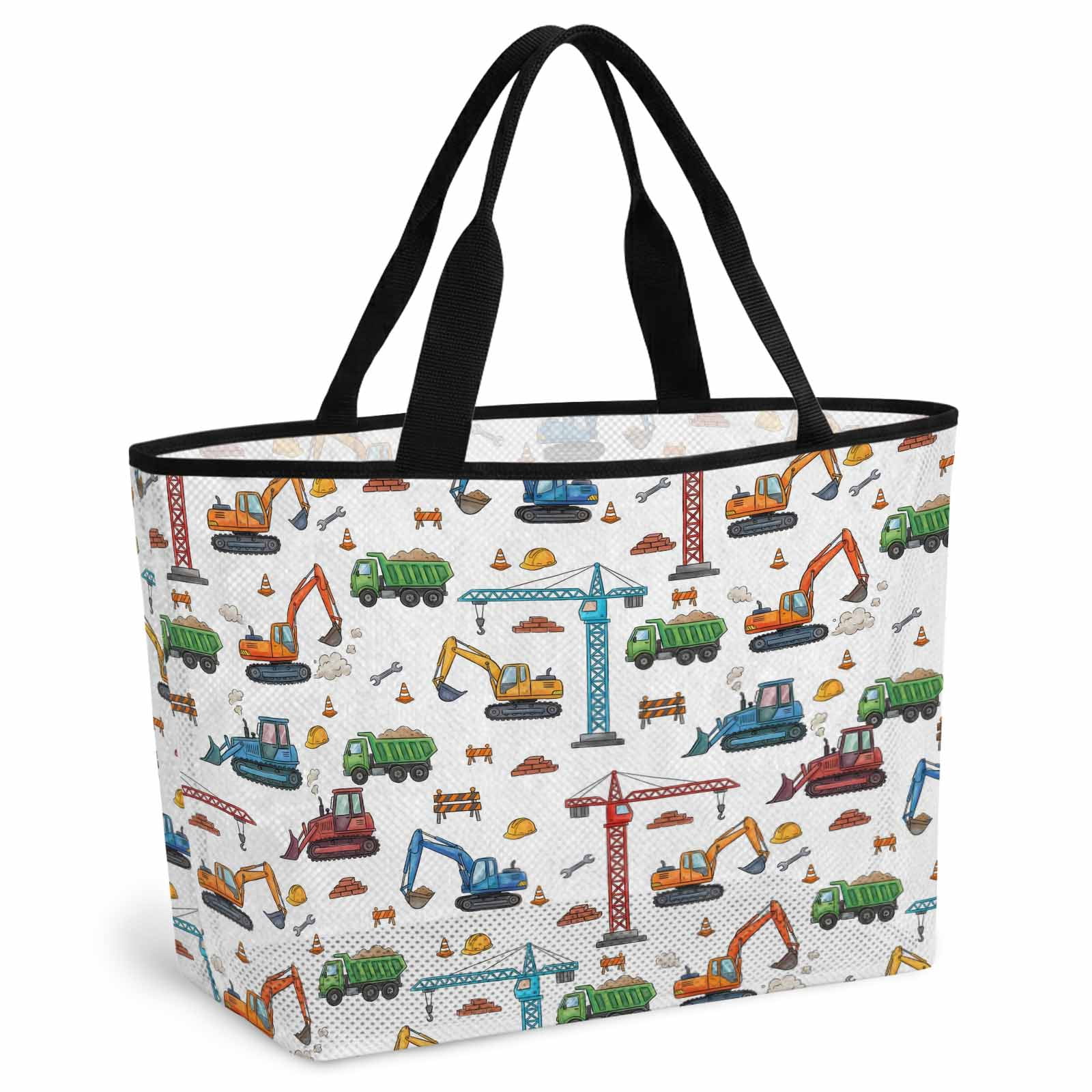 Cartoon Construction Vehicle Beach Bag for Women, Large Breathable Mesh ...