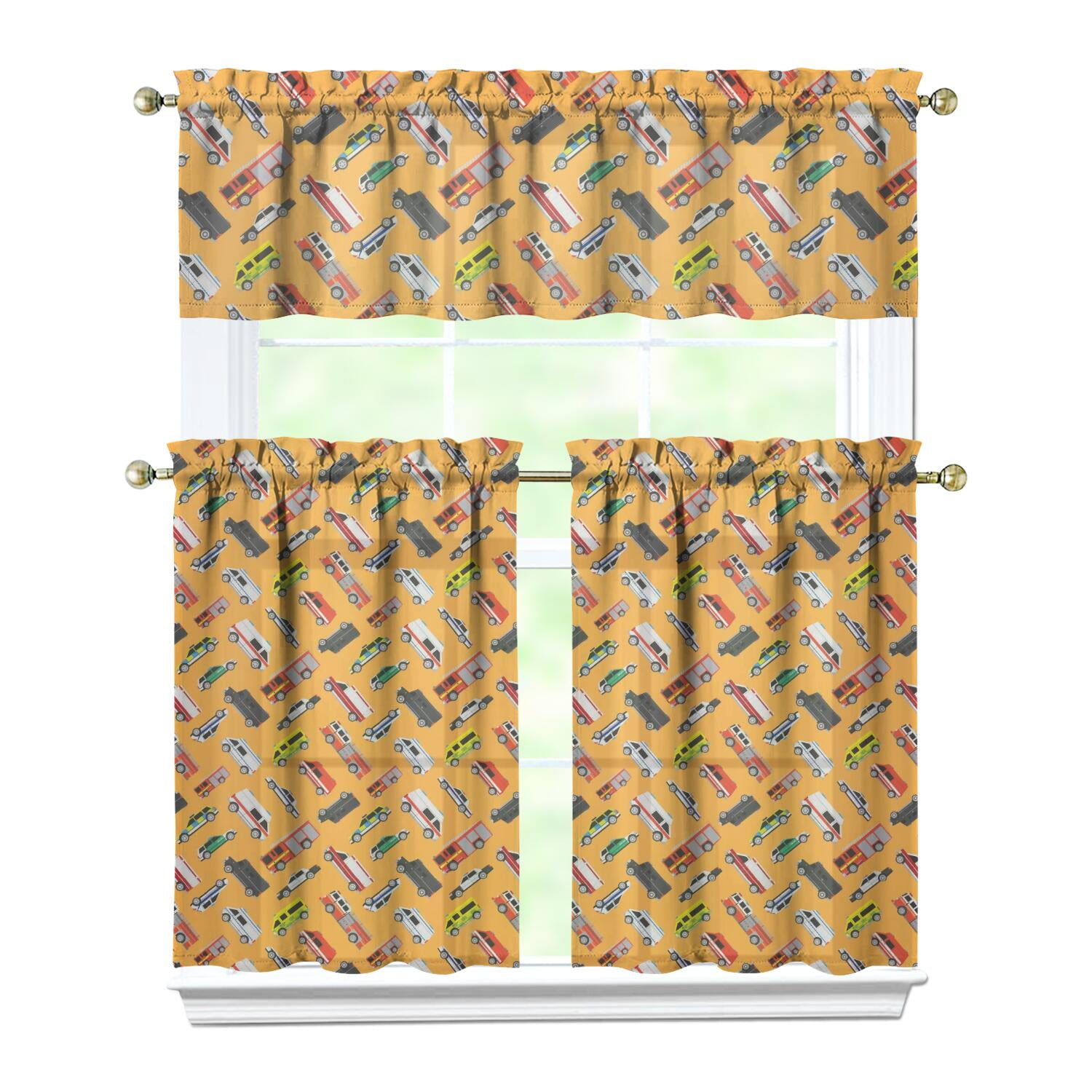Cartoon Construction Vehicle Kitchen Curtains Set for Boys, Fire Truck ...