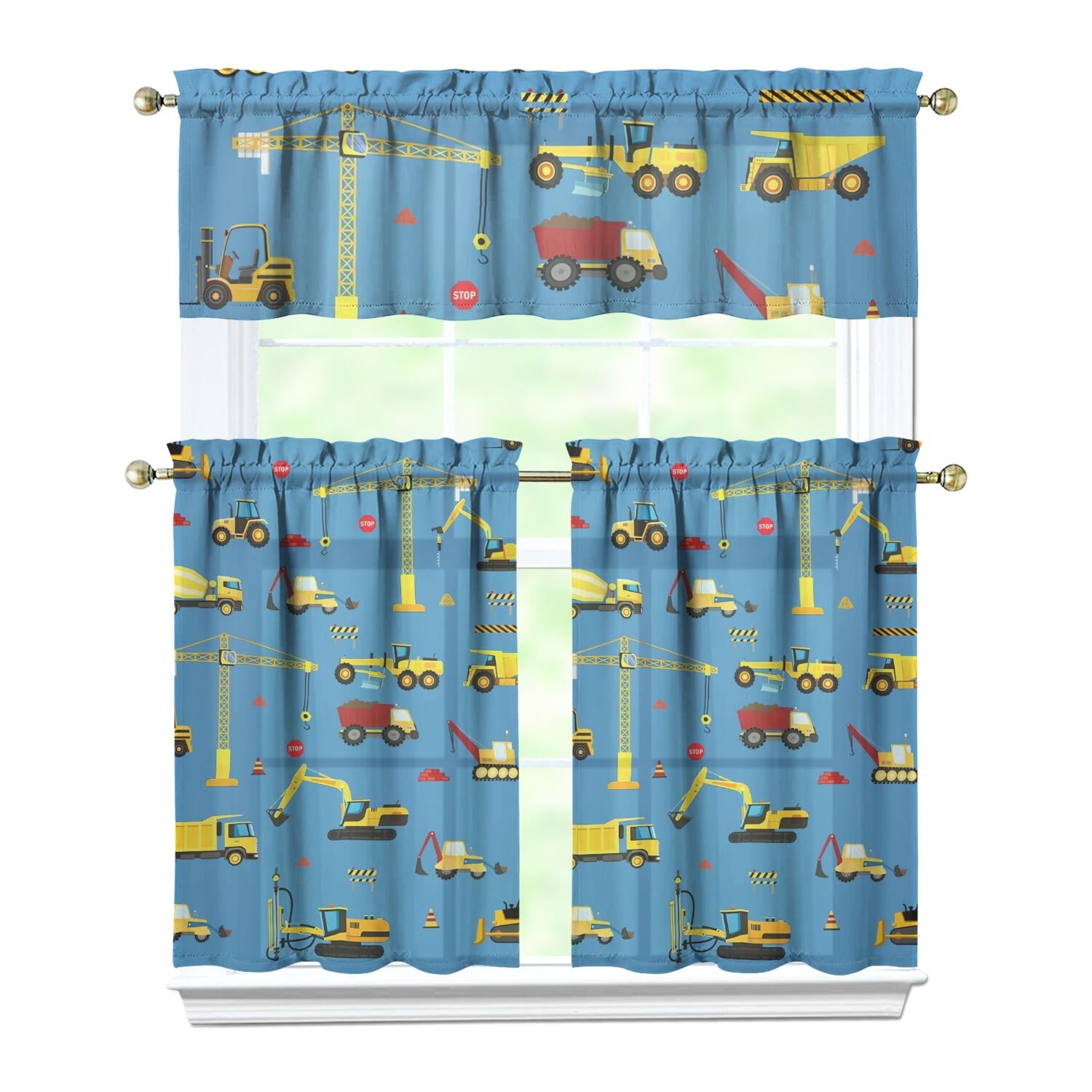Cartoon Construction Vehicle Kitchen Curtains Set for Boys, Fire Truck ...