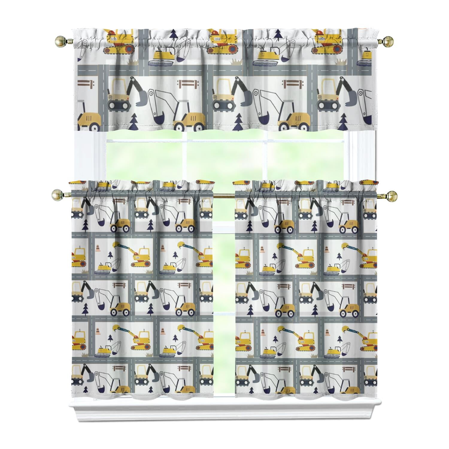 Cartoon Construction Vehicle Kitchen Curtains Set for Boys, Fire Truck ...