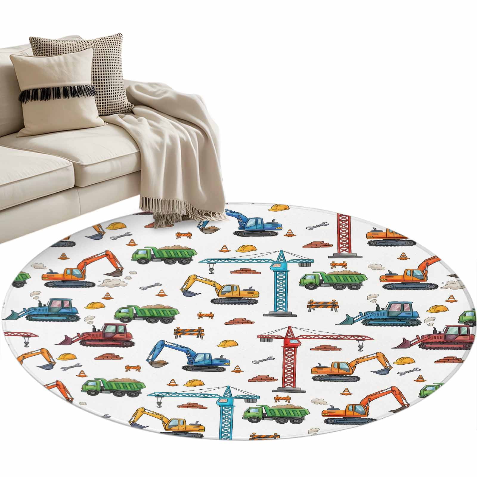 Cartoon Construction Vehicle Round Rug 4ft Washable Circle Entryway ...