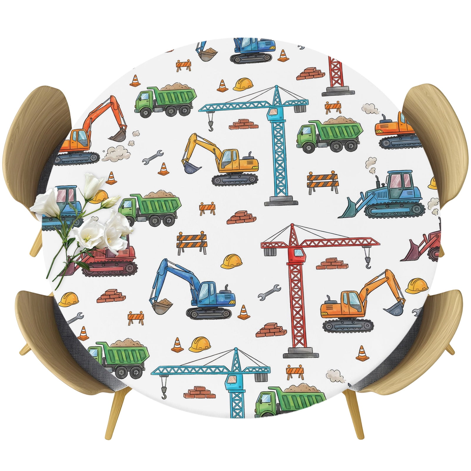 Cartoon Construction Vehicle Round Tablecloth 36-44 Inch Round Fitted ...