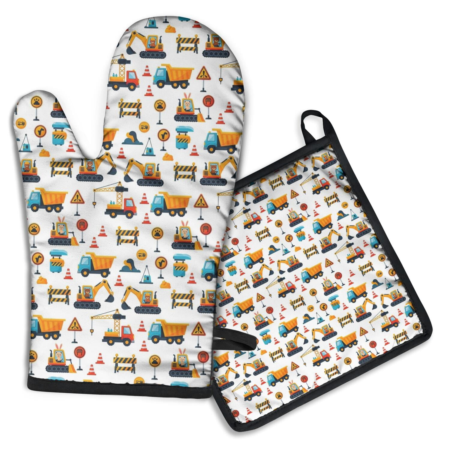 Cartoon Construction Vehicles Animals White Pattern Kitchen Oven Mitt ...