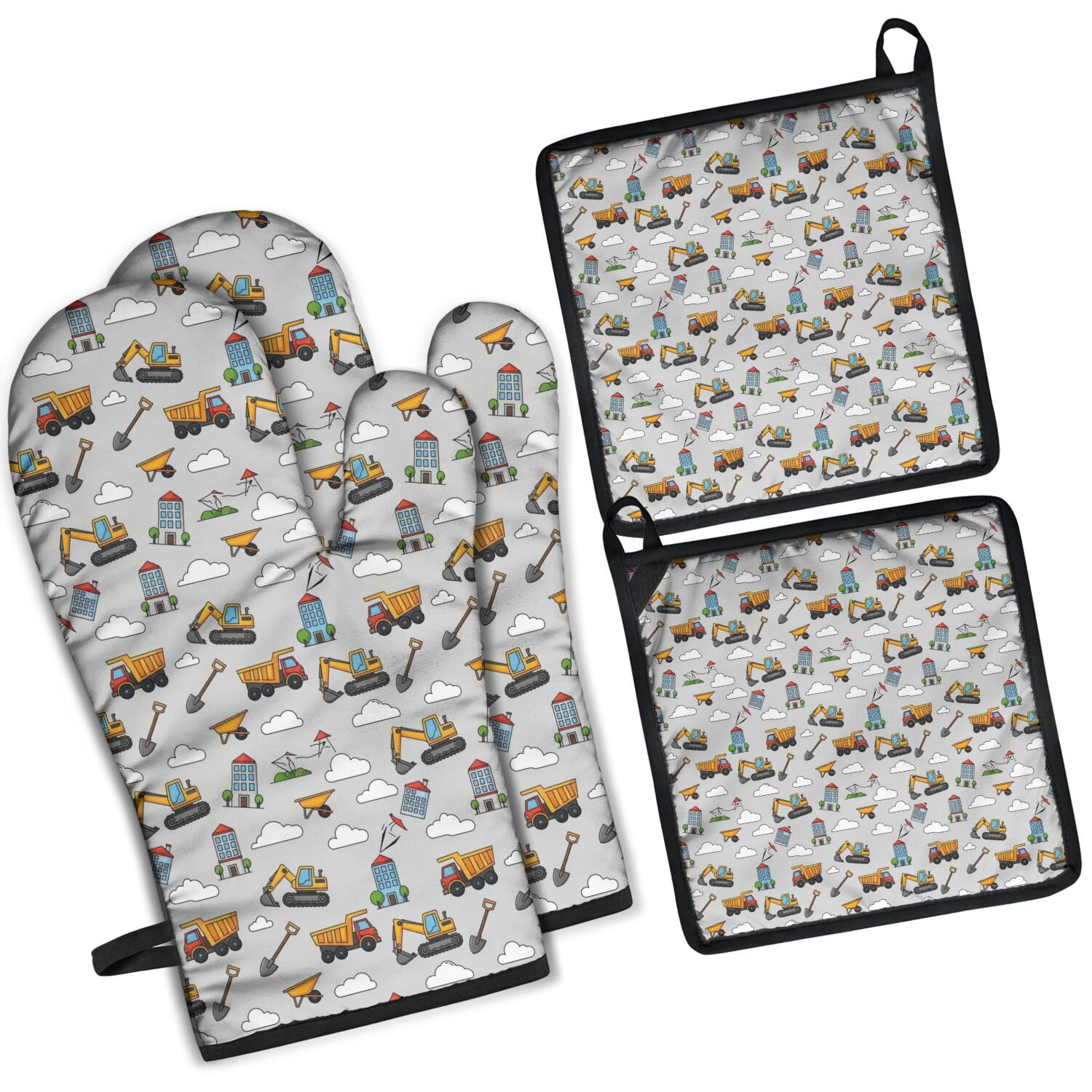 Cartoon Construction Vehicles Buildings Kitchen Oven Mitt and Pot ...