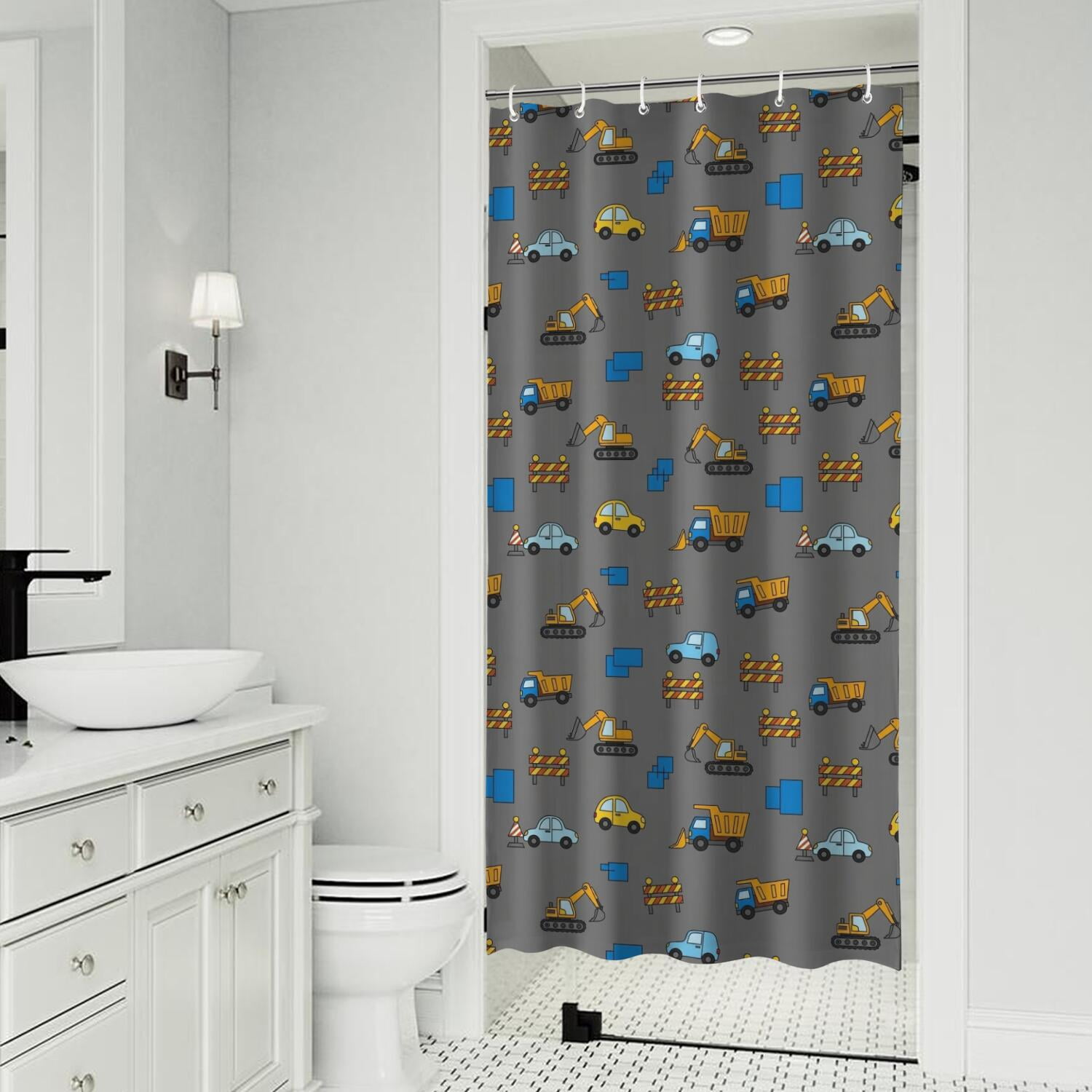 Cartoon Construction Vehicles Cars Gray Pattern Shower Curtain 36"x72 ...