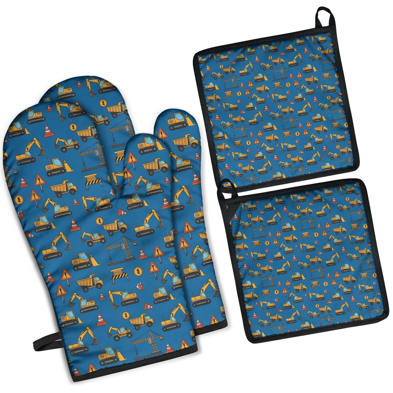 Cartoon Construction Vehicles Cones Blue Pattern Kitchen Oven Mitt and ...