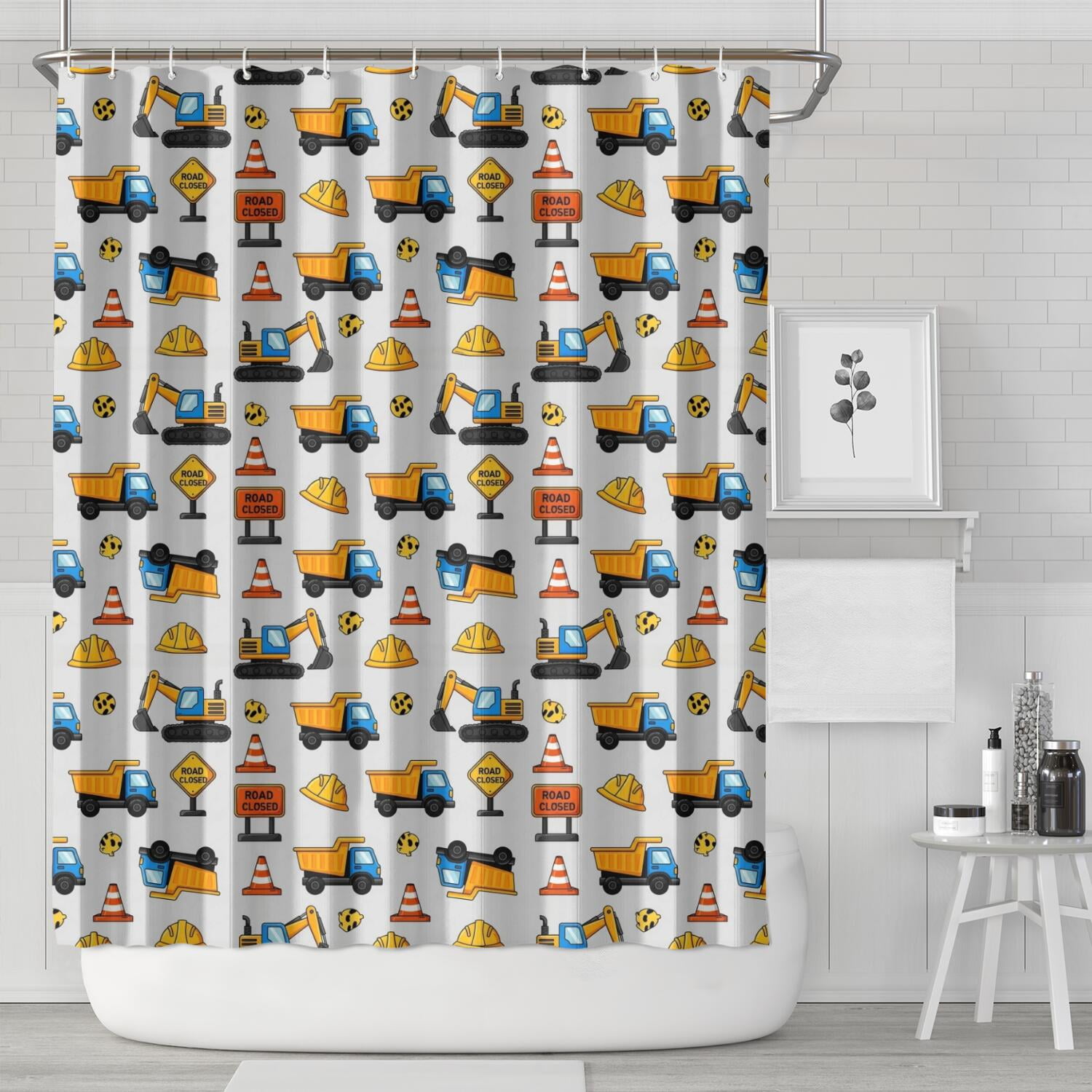 Cartoon Construction Vehicles Cones Gray Pattern Shower Curtain 72"x84 ...