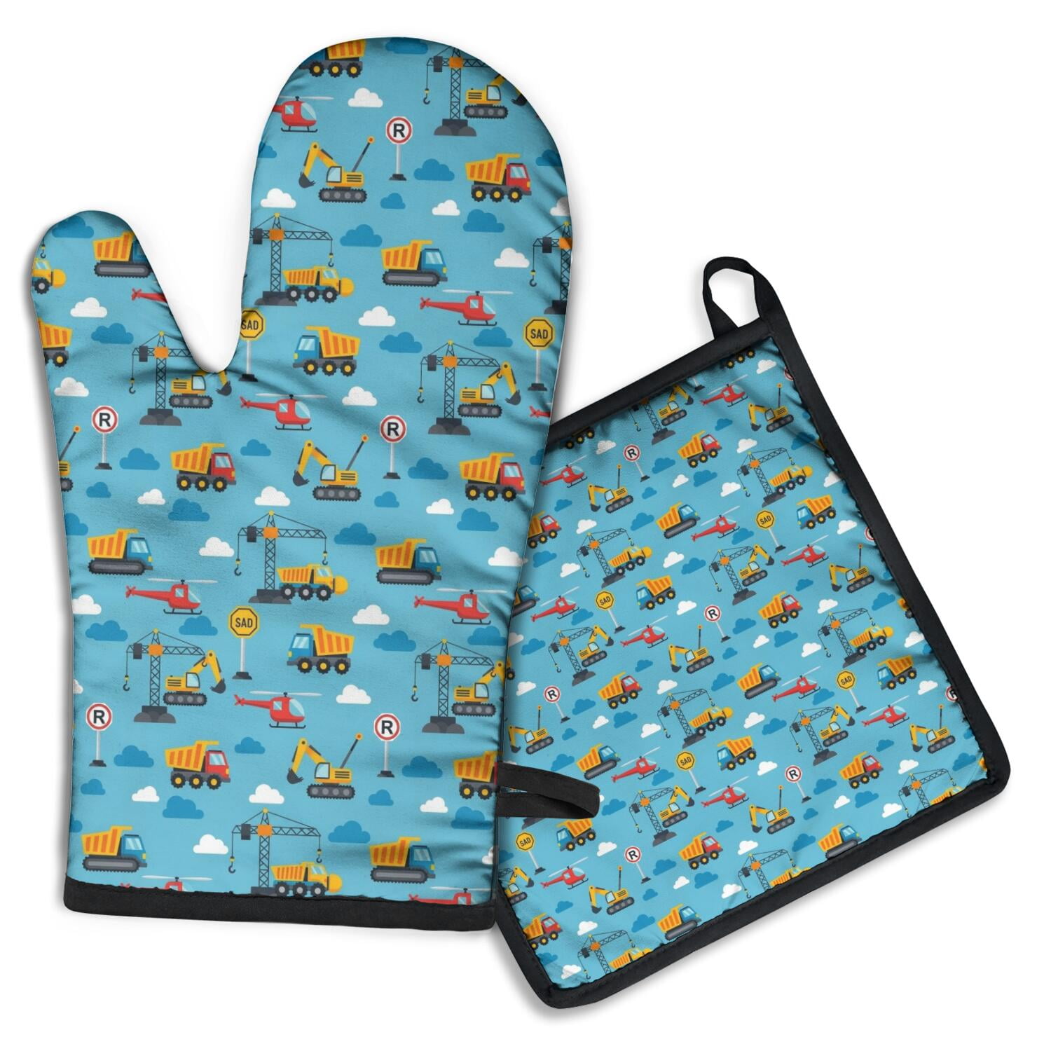 Cartoon Construction Vehicles Helicopters Kitchen Oven Mitt and Pot ...