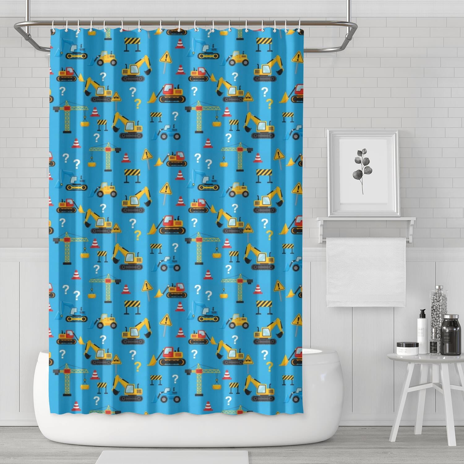 Cartoon Construction Vehicles Question Marks Shower Curtain 72"x72 ...