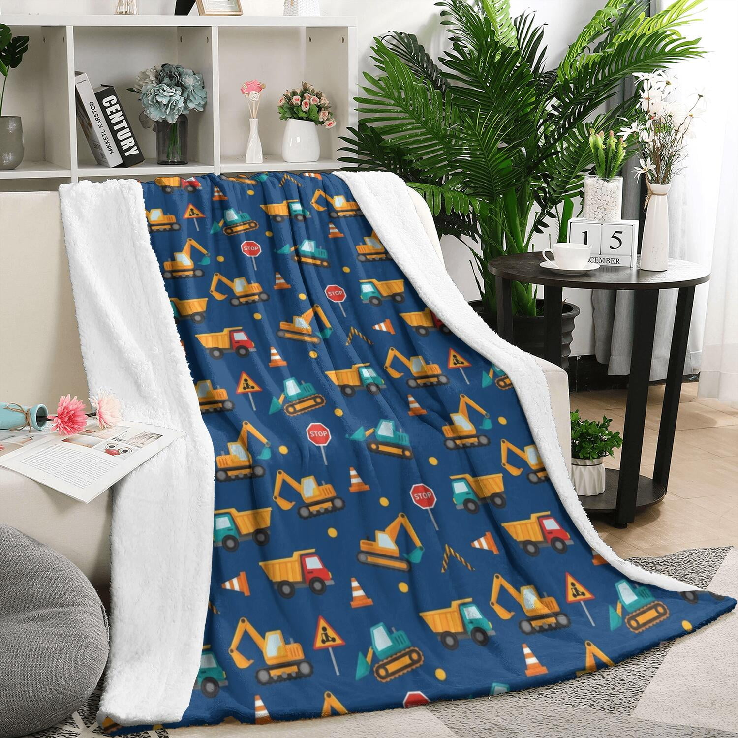 Cartoon Construction Vehicles Road Cones Blanket,Comfortable Soft Lamb ...