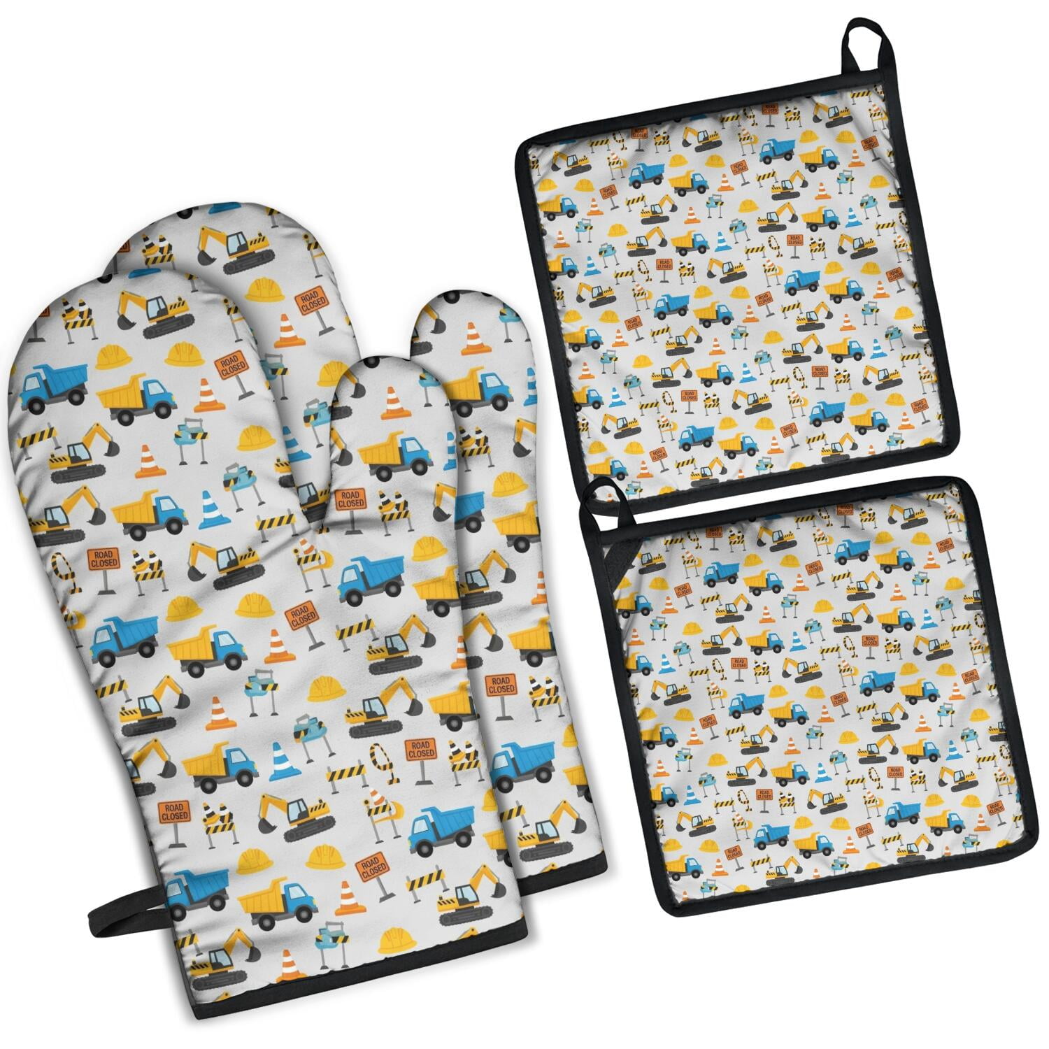Cartoon Construction Vehicles Road Signs Kitchen Oven Mitt and Pot ...