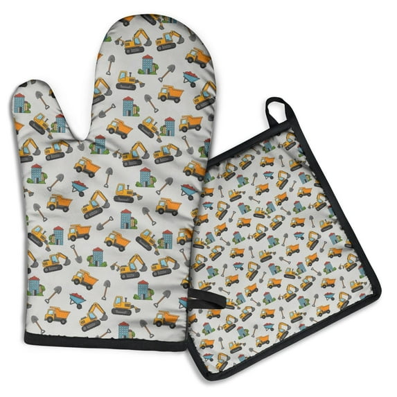 Cartoon Construction Vehicles Shovels Kitchen Oven Mitt and Pot Holder ...