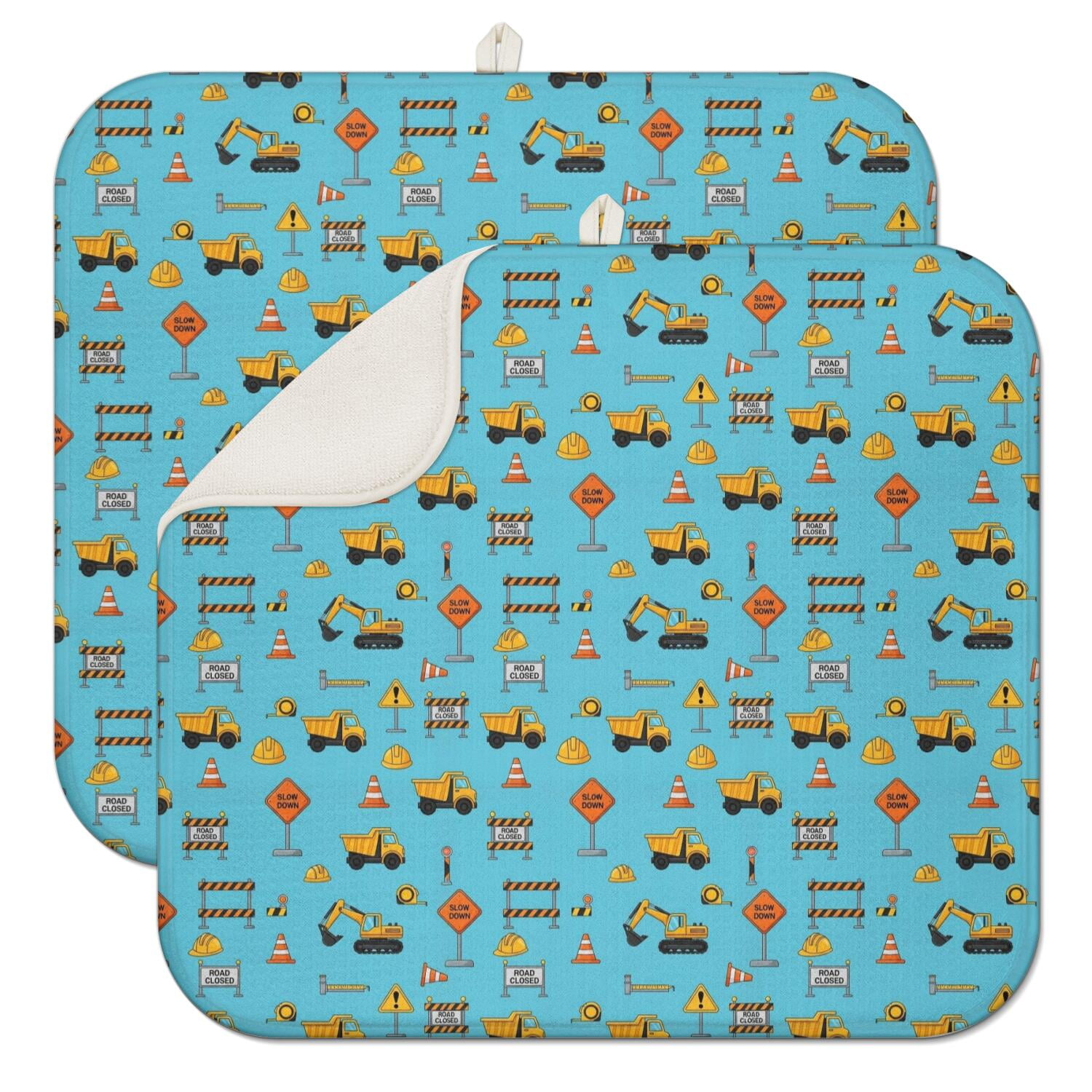 Cartoon Construction Vehicles Signs Light Blue Pattern Dish Drying Mat ...