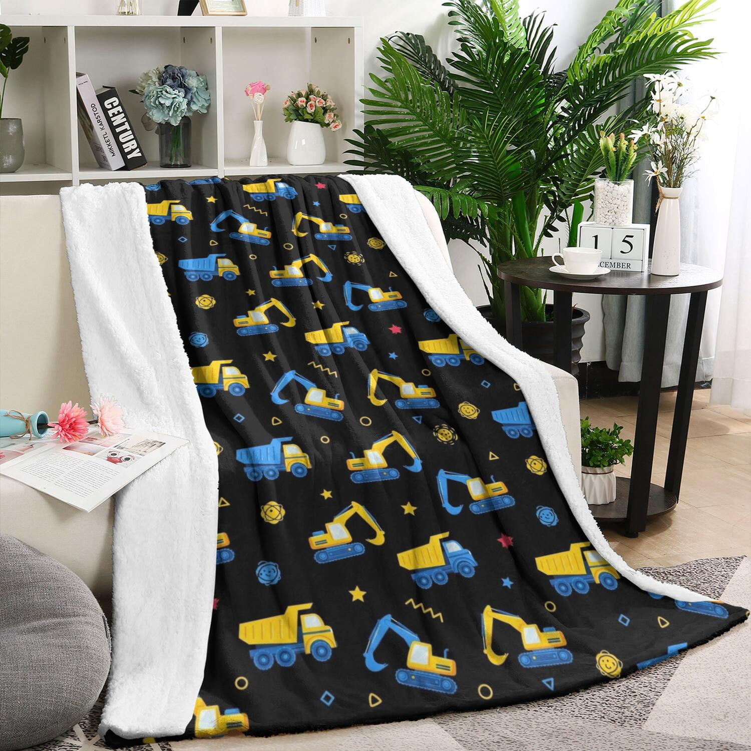 Cartoon Construction Vehicles Stars Black Pattern Blanket,Comfortable ...