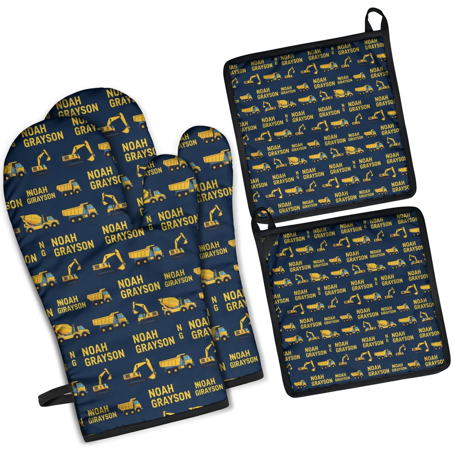 Cartoon Construction Vehicles Text Dark Blue Pattern Kitchen Oven Mitt ...