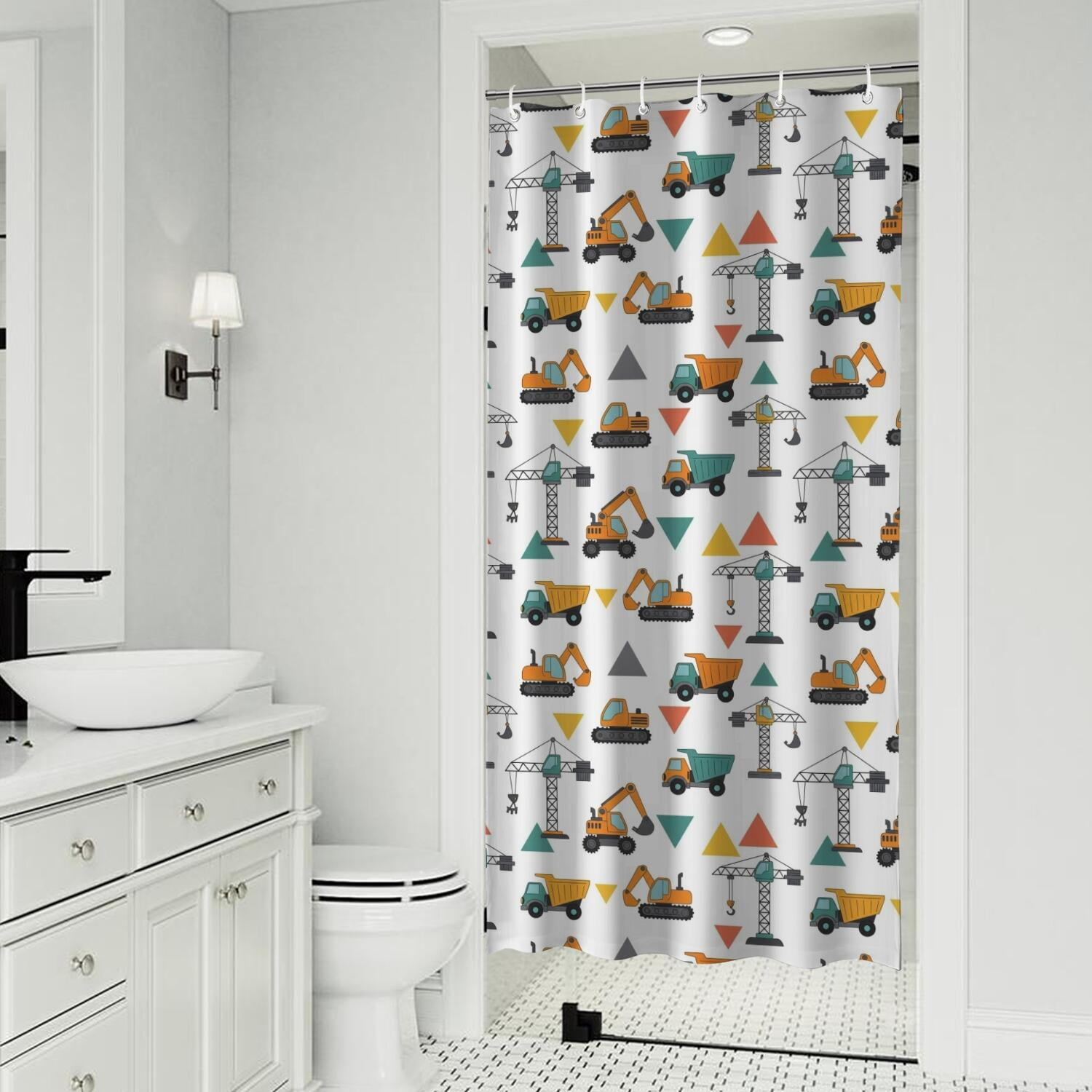 Cartoon Construction Vehicles Triangles White Pattern Shower Curtain 36"x72" ,Bathroom ...