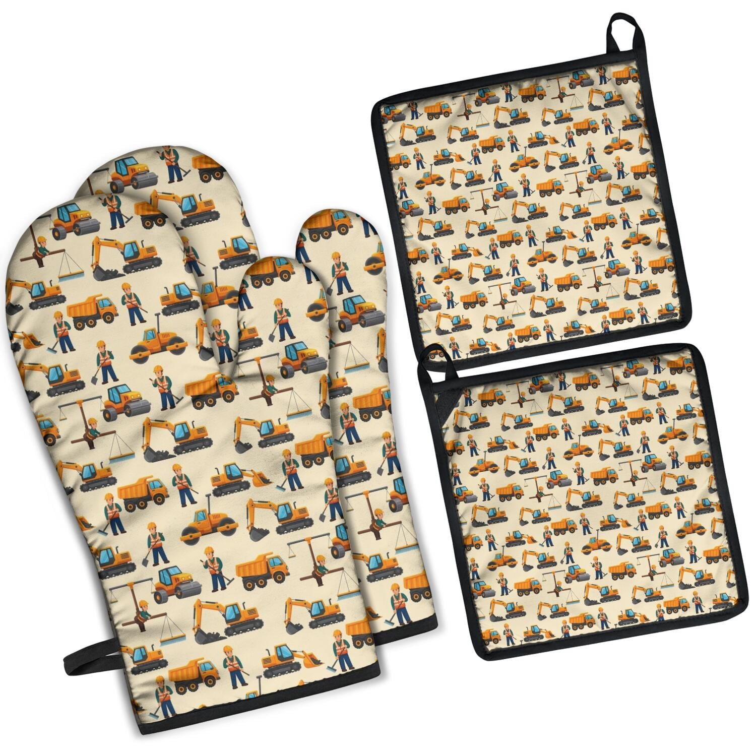 Cartoon Construction Vehicles Workers Beige Pattern Kitchen Oven Mitt ...