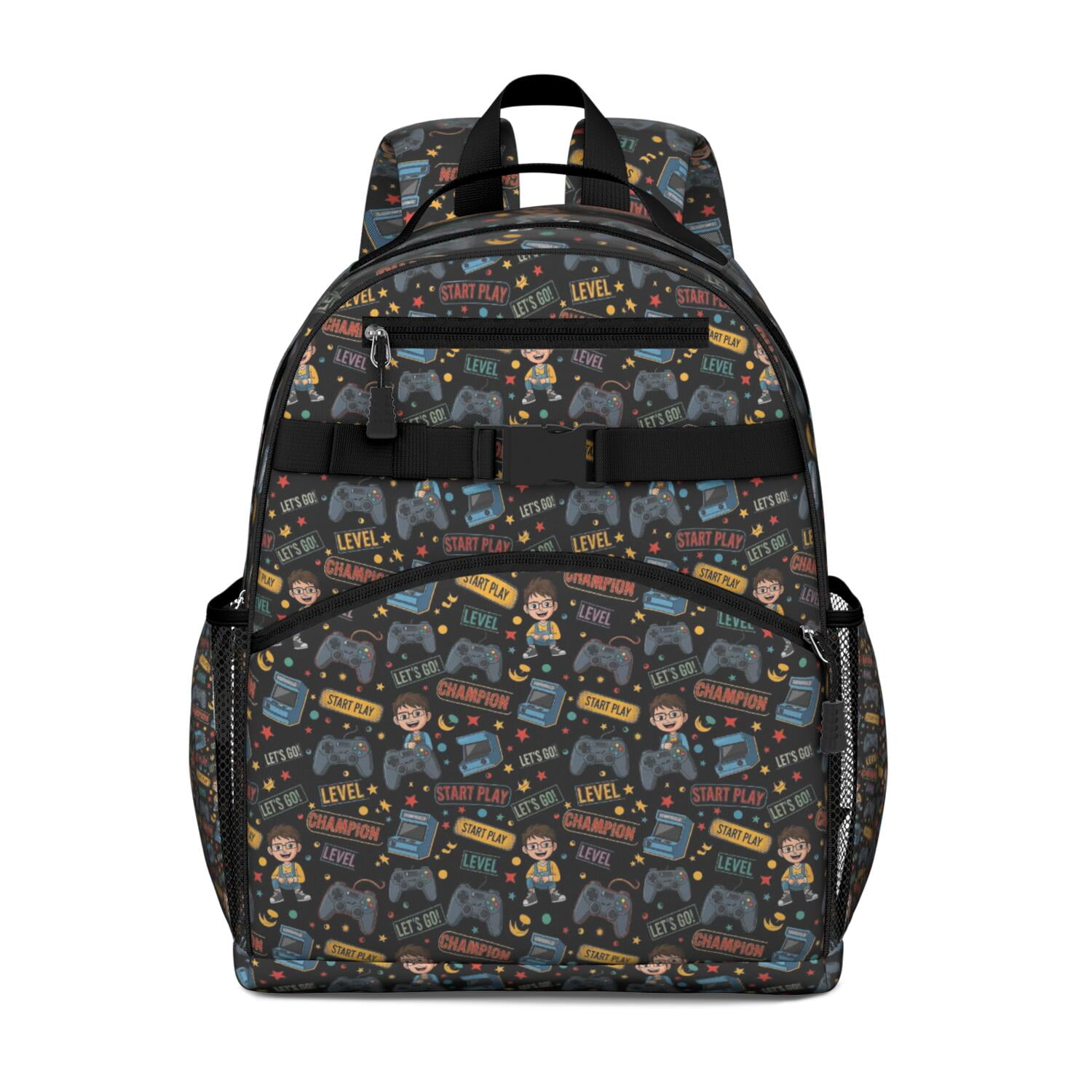 Cartoon Controllers Games Icons Black Pattern Backpack for School,Cute ...