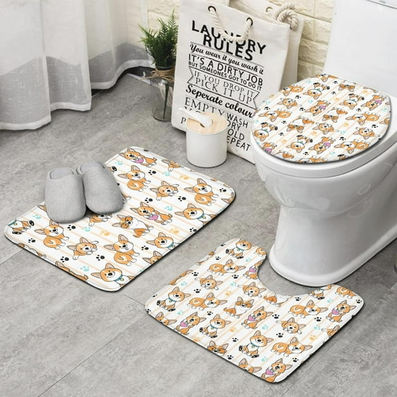 Cartoon Corgi Bathroom Rugs Sets 3 Piece,Toilet Cover Set,Absorbent Non ...