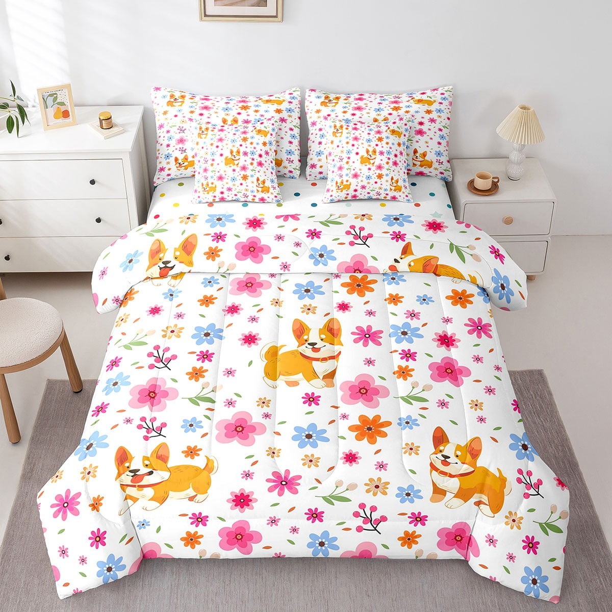 Cartoon Corgi Bedding Twin Size 7pcs Chic Floral Bed in a Bag for Girls ...