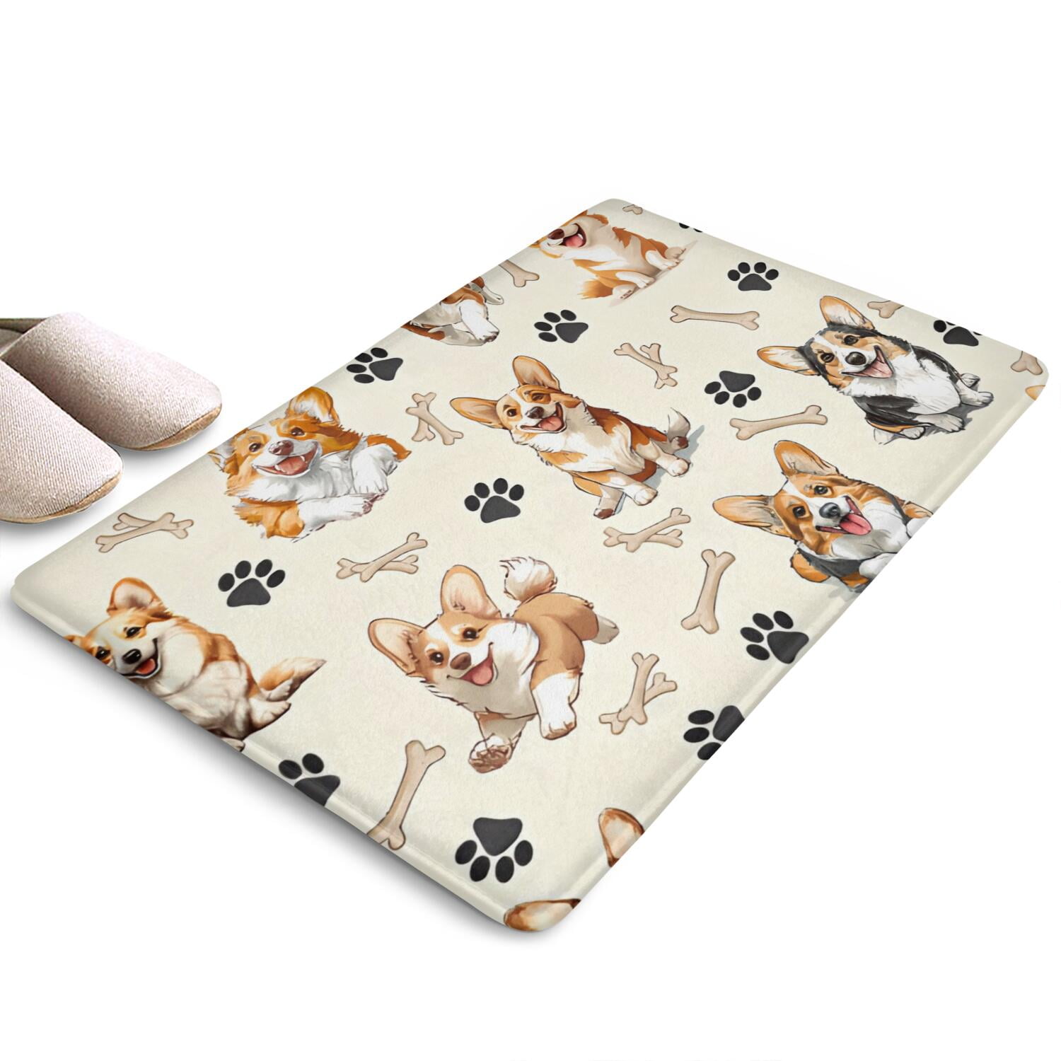 Cartoon Corgi Dog and Footprints Flannel Non Slip Door Rugs,Washable ...