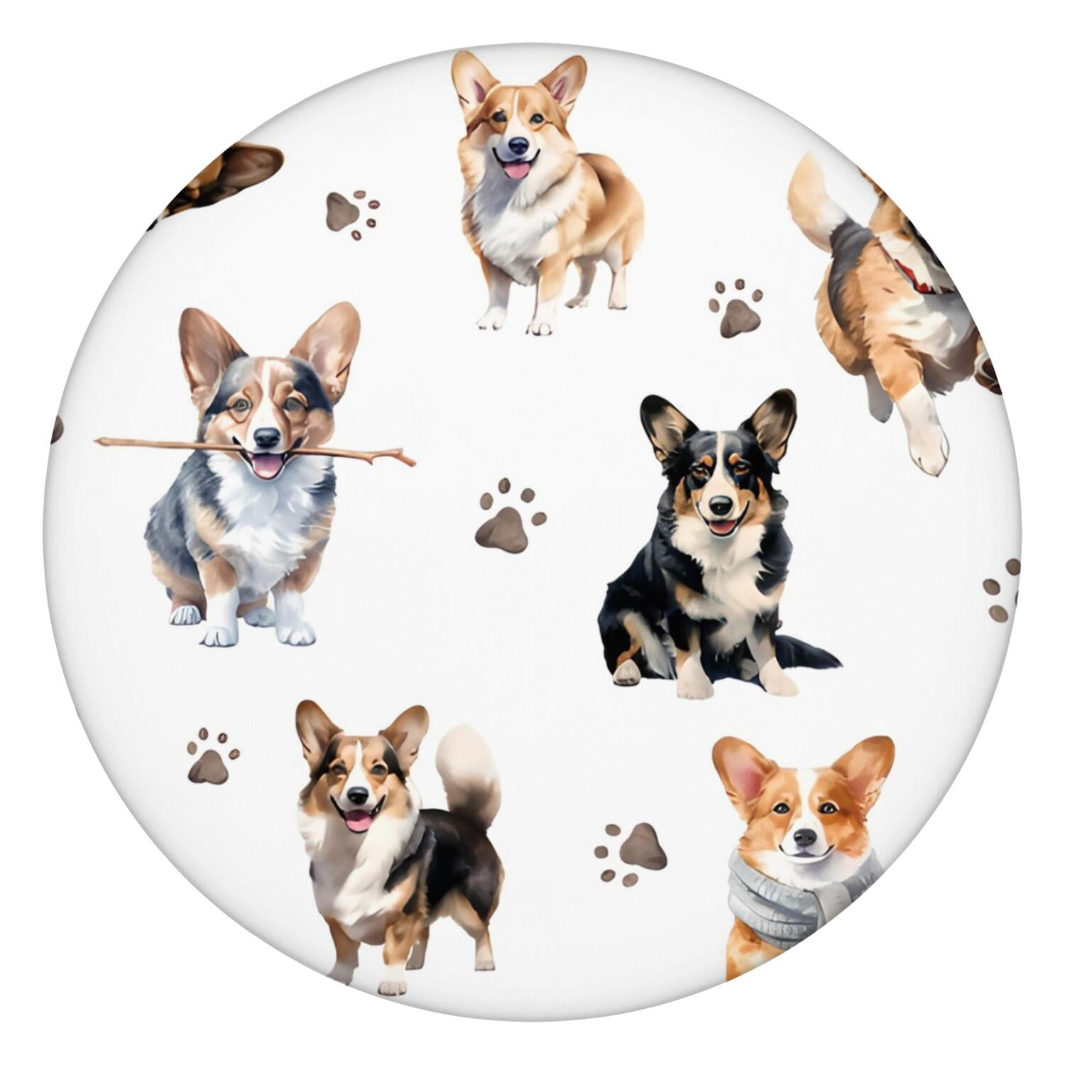 Cartoon Corgi Dog and Footprints Round Fitted Tablecloth with Elastic ...