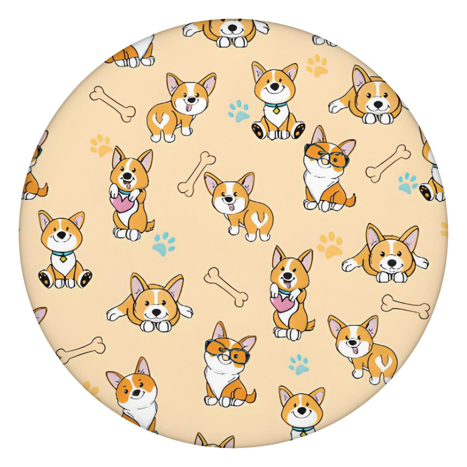 Cartoon Corgi Dog and Footprints Round Fitted Tablecloth with Elastic ...