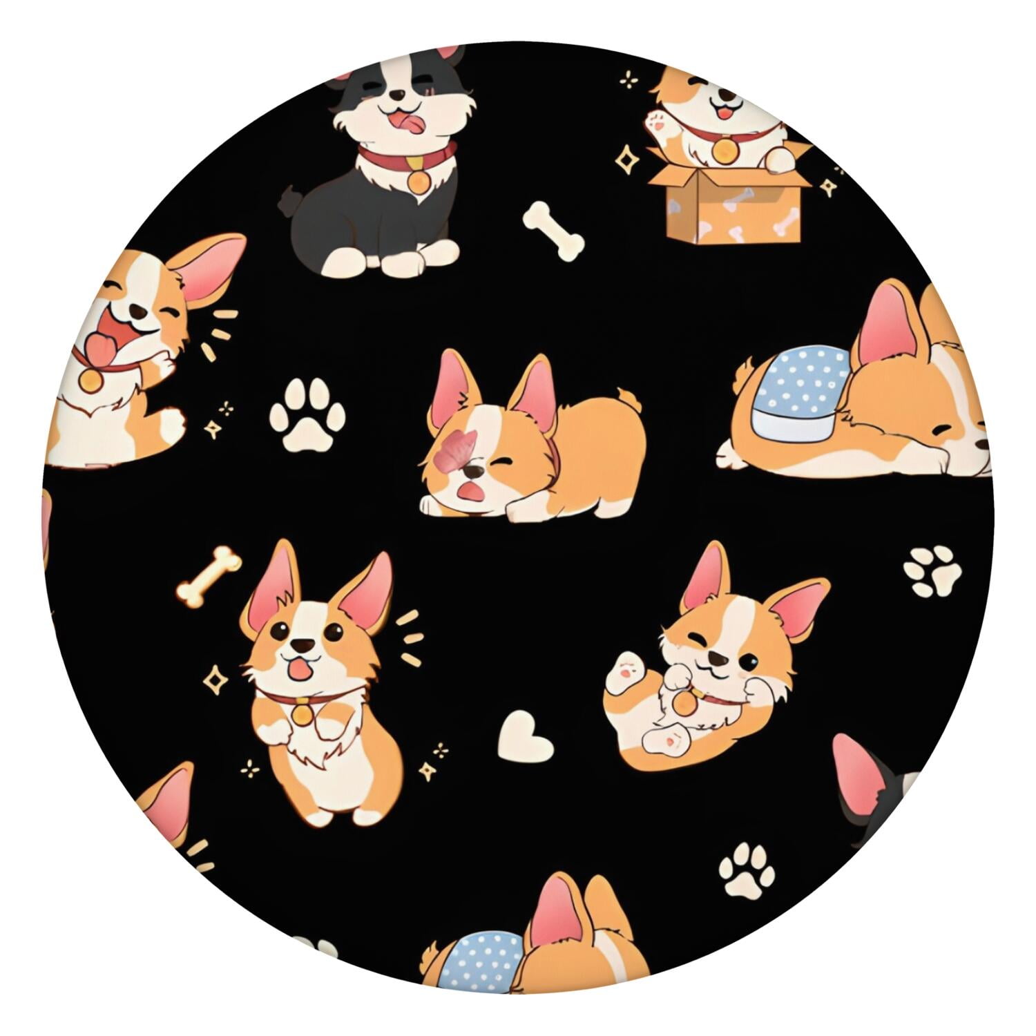 Cartoon Corgi Dog and Footprints Round Fitted Tablecloth with Elastic ...