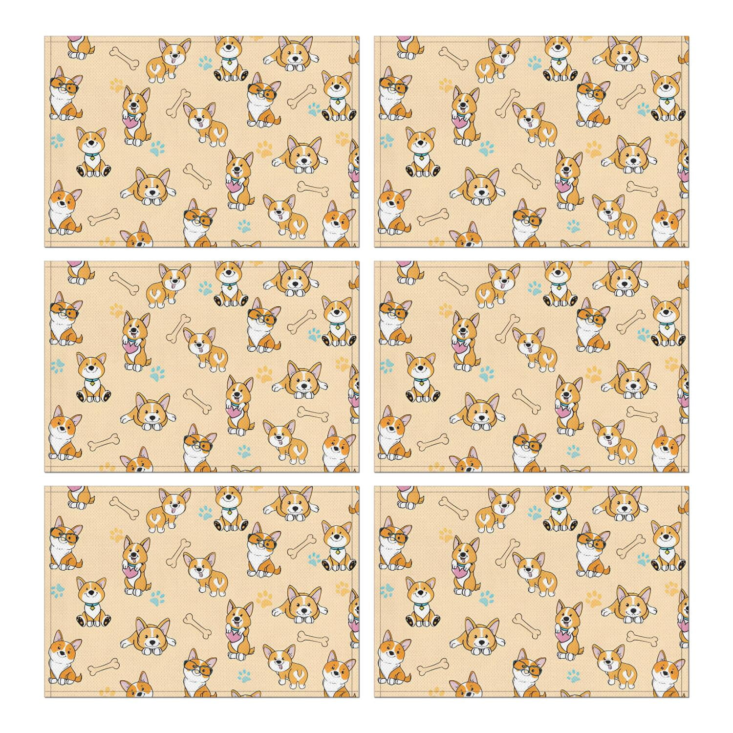 Cartoon Corgi Dog and Footprints Summer Placemats Table Placemats Set ...