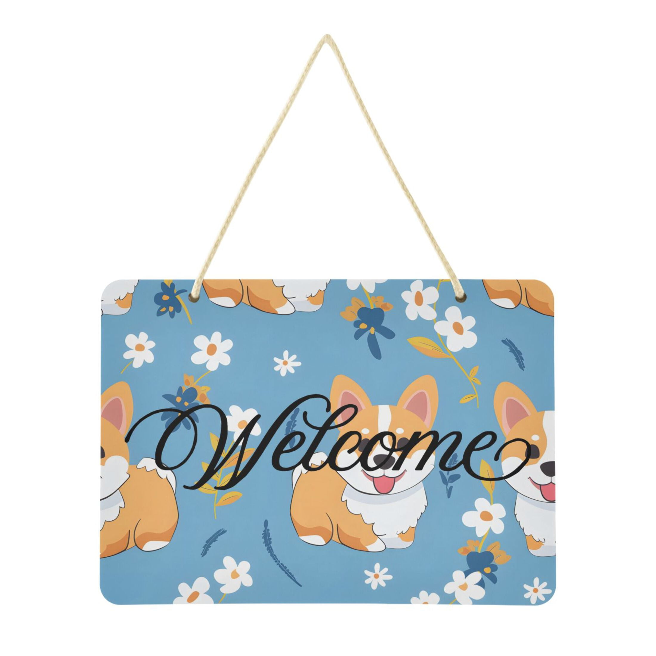 Cartoon Corgi Dog and Flower Welcome Sign Front Door PVC 14x10 inch ...