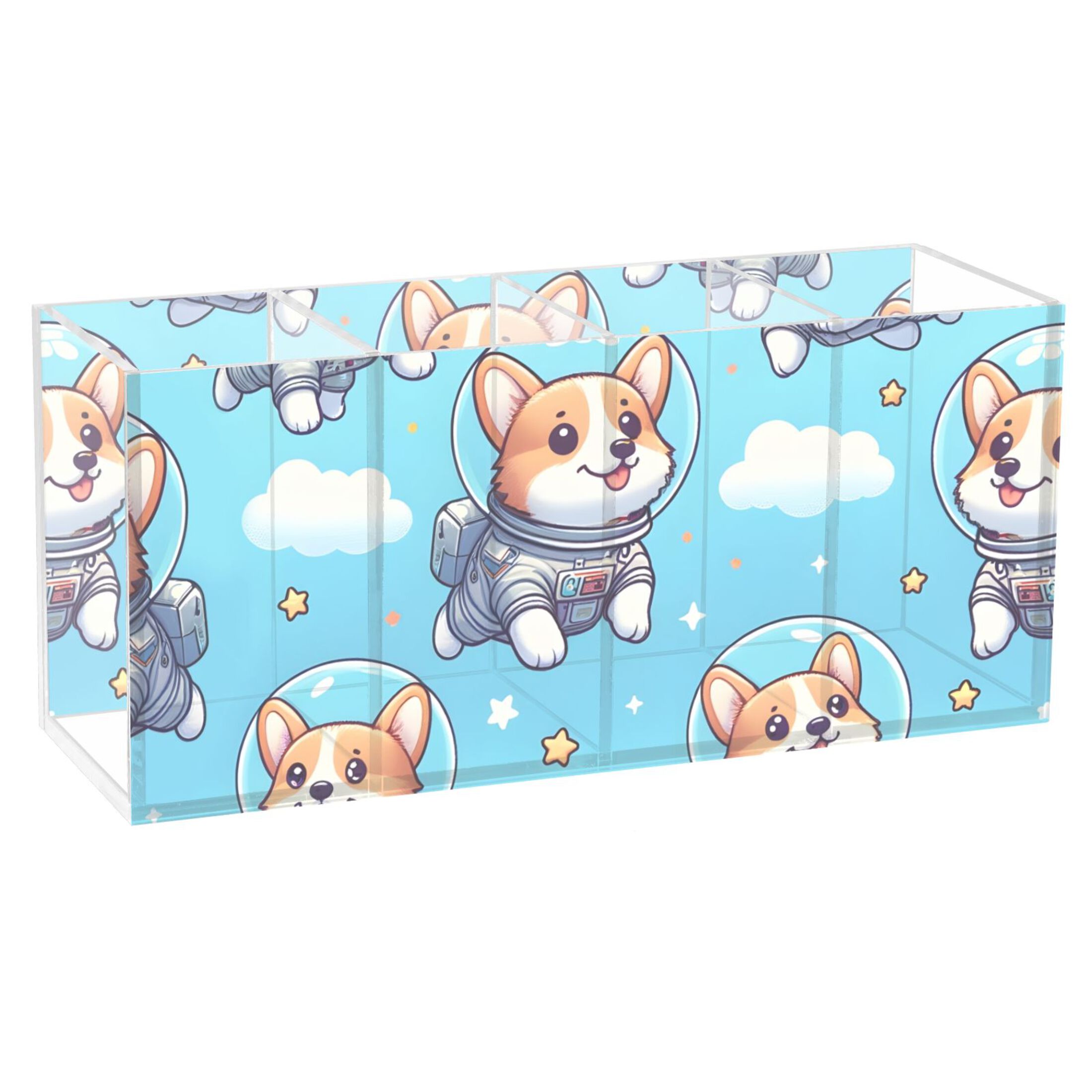 Cartoon Corgi Dogs Space Acrylic Pencil Holder Cup 4 Compartments Clear ...