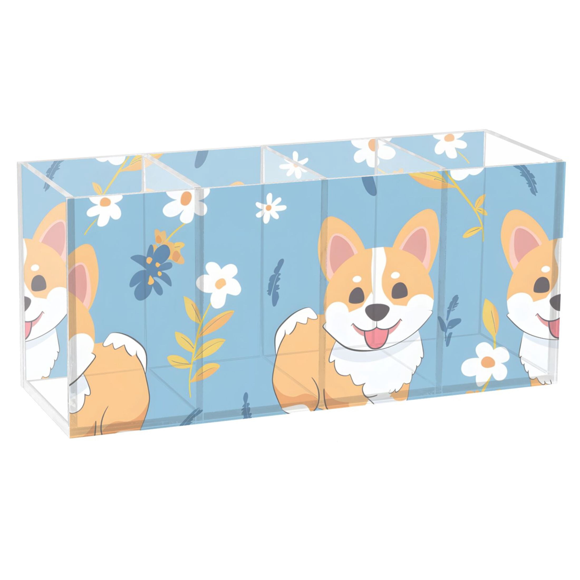 Cartoon Corgi Floral Acrylic Pen Holder Cup 4 Compartments Clear Pencil ...