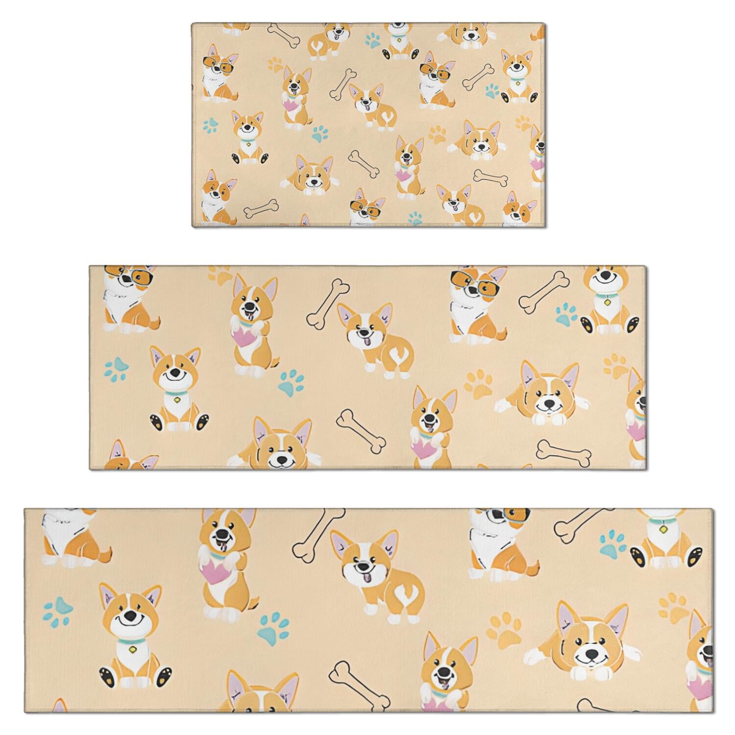 Cartoon Corgi Kitchen Rugs Sets Of 3,Kitchen Runner Rugs Non Skid ...