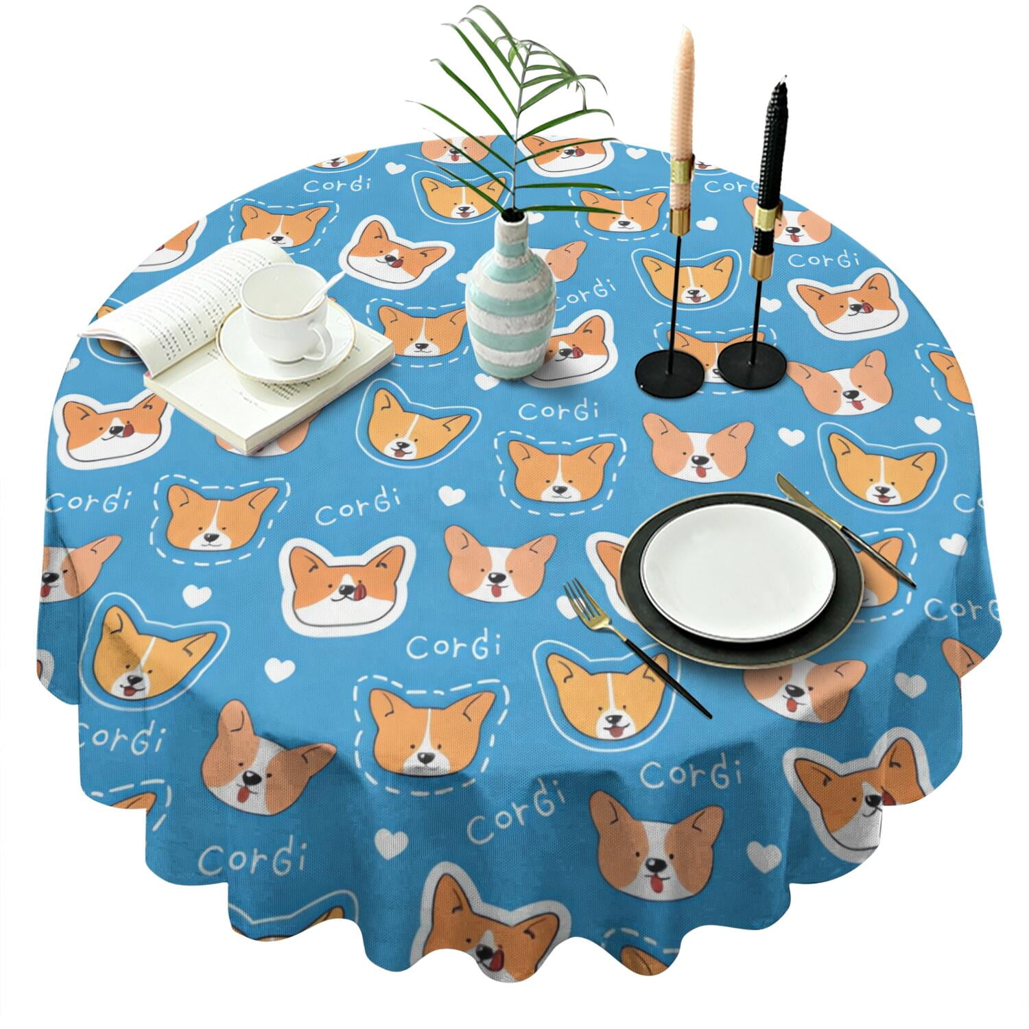 Cartoon Corgi Round Tablecloth 60"x60",Wrinkle Wipeable Table Cloth for ...