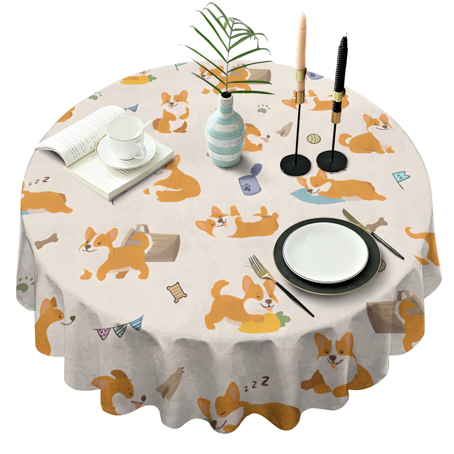 Cartoon Corgi Round Tablecloth 60"x60",Wrinkle Wipeable Table Cloth for ...